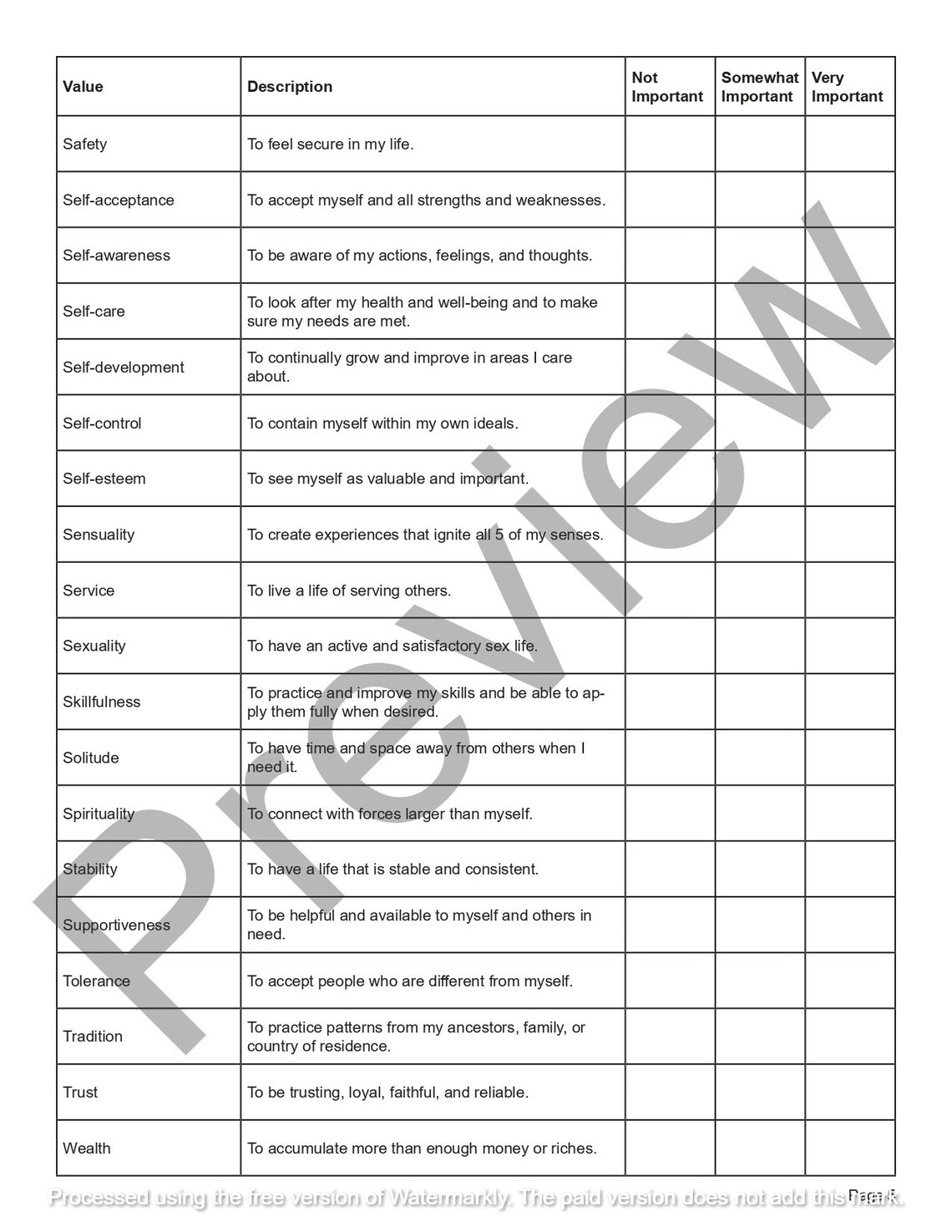 ACT Values Worksheet | Editable / Fillable PDF | for Counselors ...