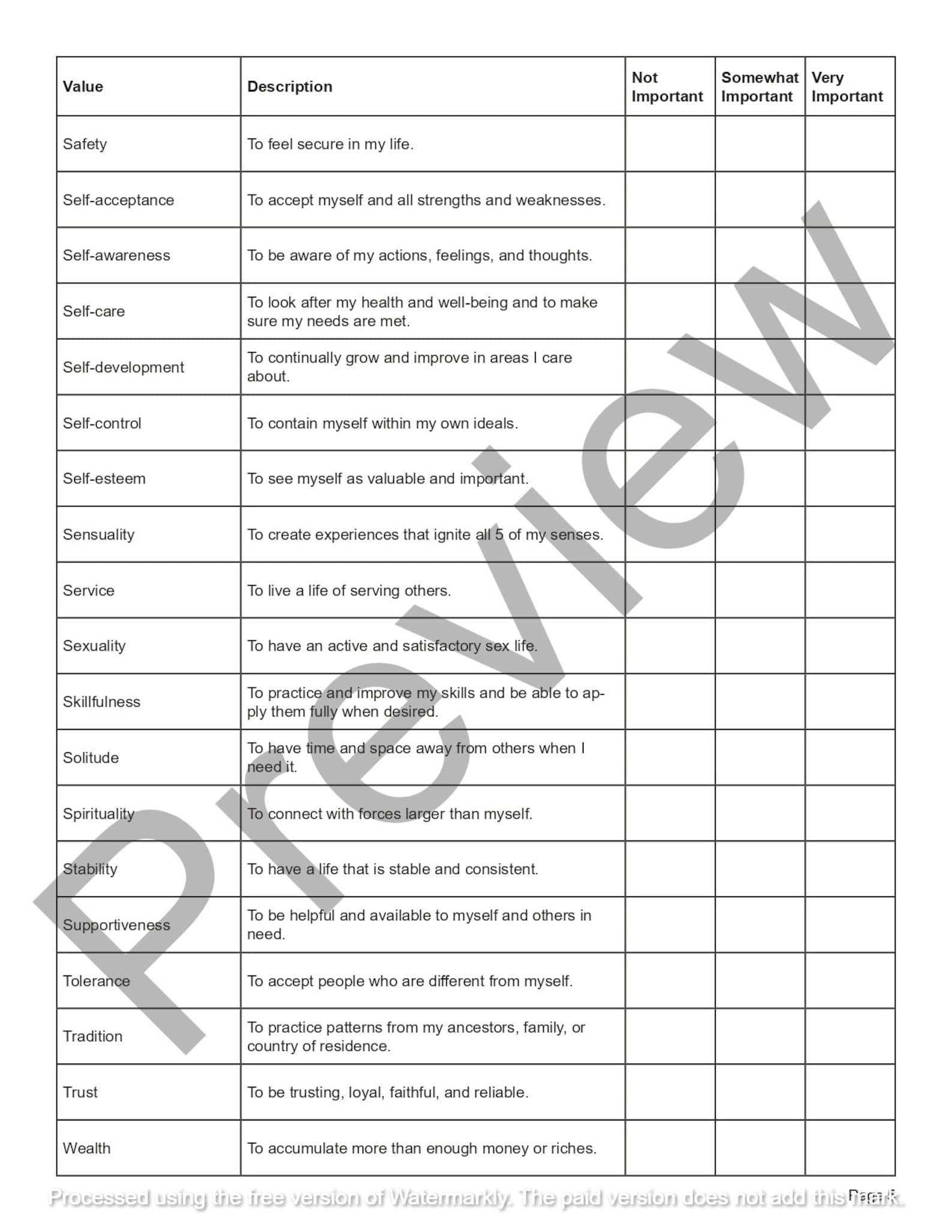 ACT Values Worksheet | Editable / Fillable PDF | for Counselors ...
