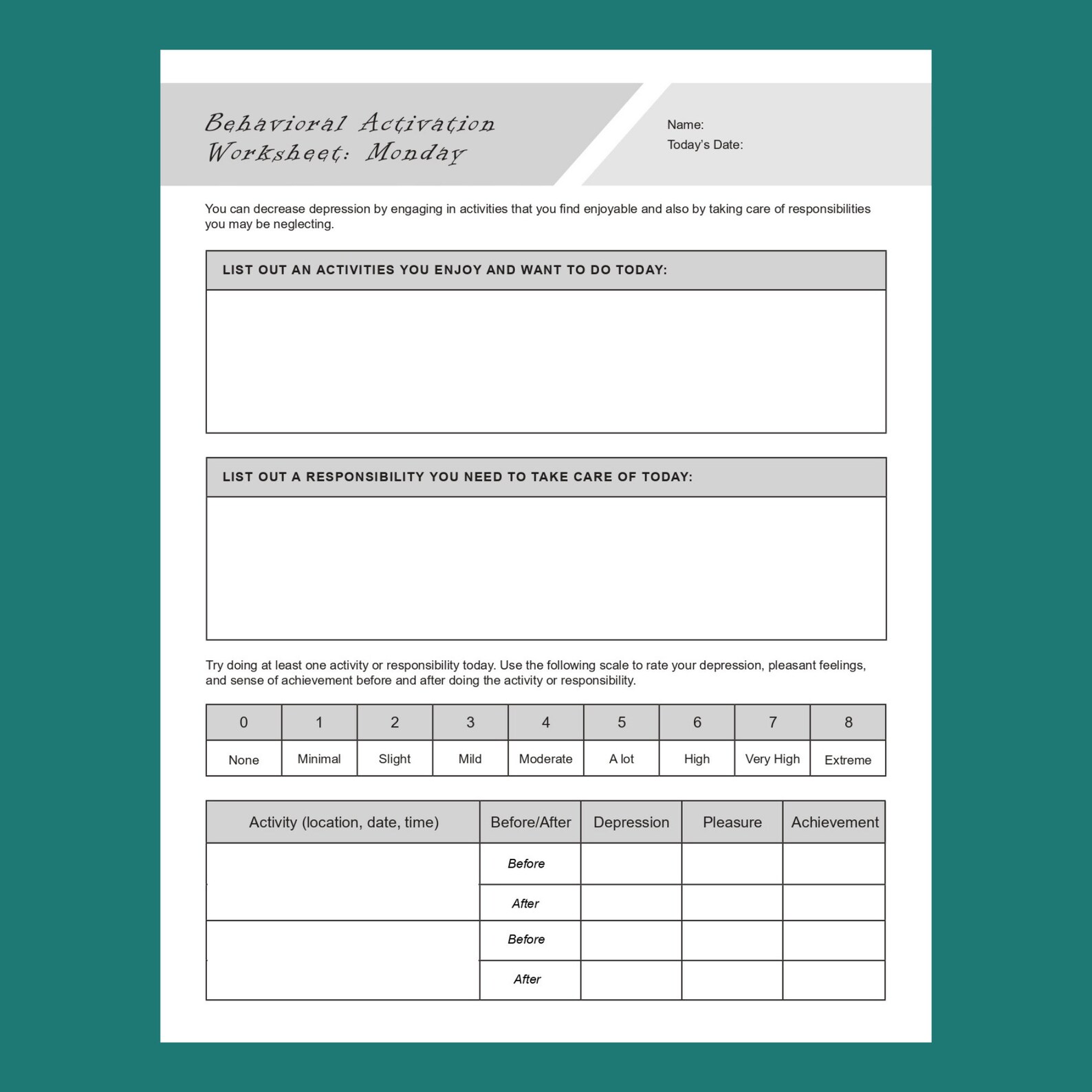CBT: Behavioral Activation Worksheet | Editable / Fillable PDF | for ...
