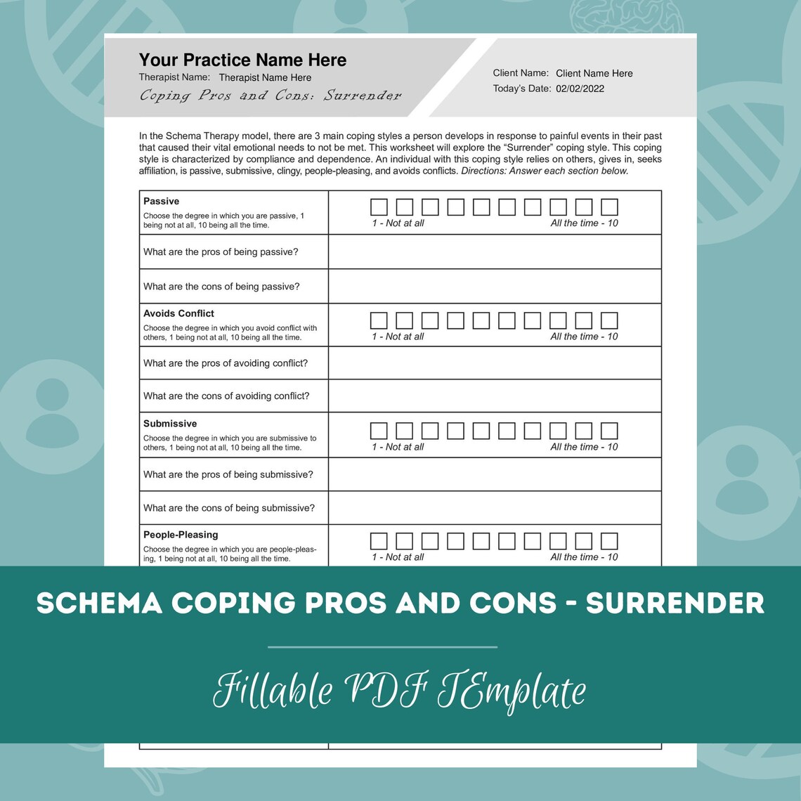 Schema Coping Pros and Cons - Surrender | Editable / Fillable PDF ...
