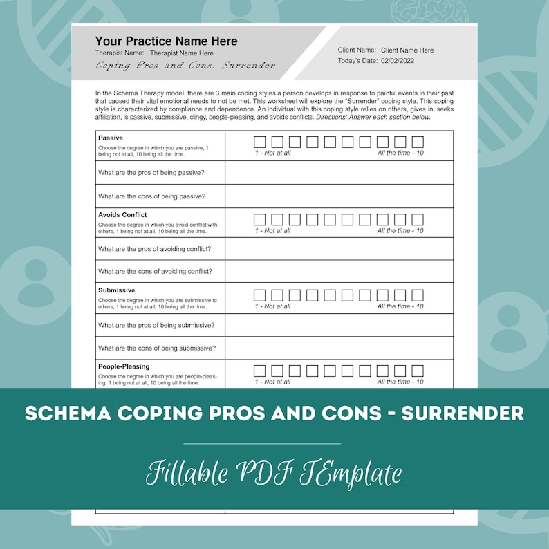 Schema Coping Pros and Cons - Surrender | Editable / Fillable PDF ...
