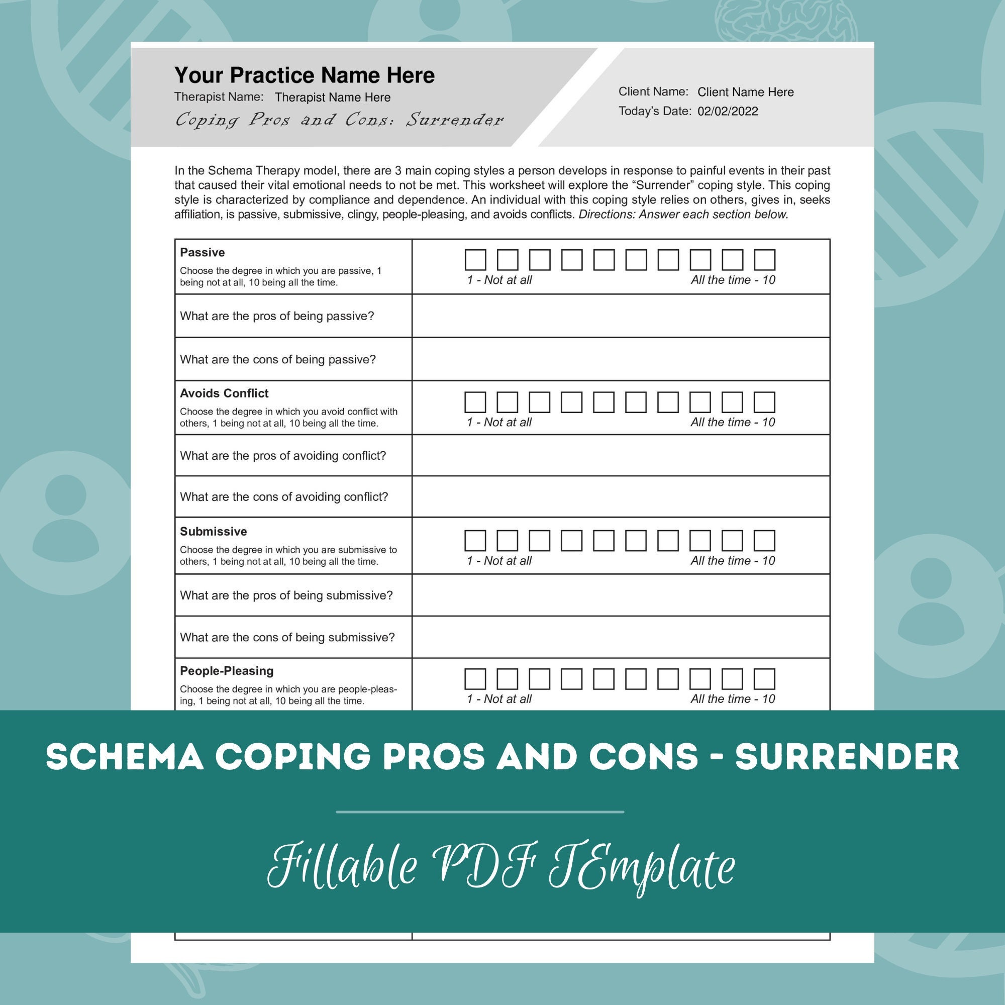 Schema Coping Pros and Cons - Surrender | Editable / Fillable PDF ...