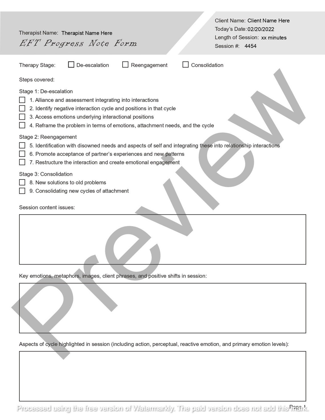 EFT Progress Note Form | Editable / Fillable PDF Template | for ...