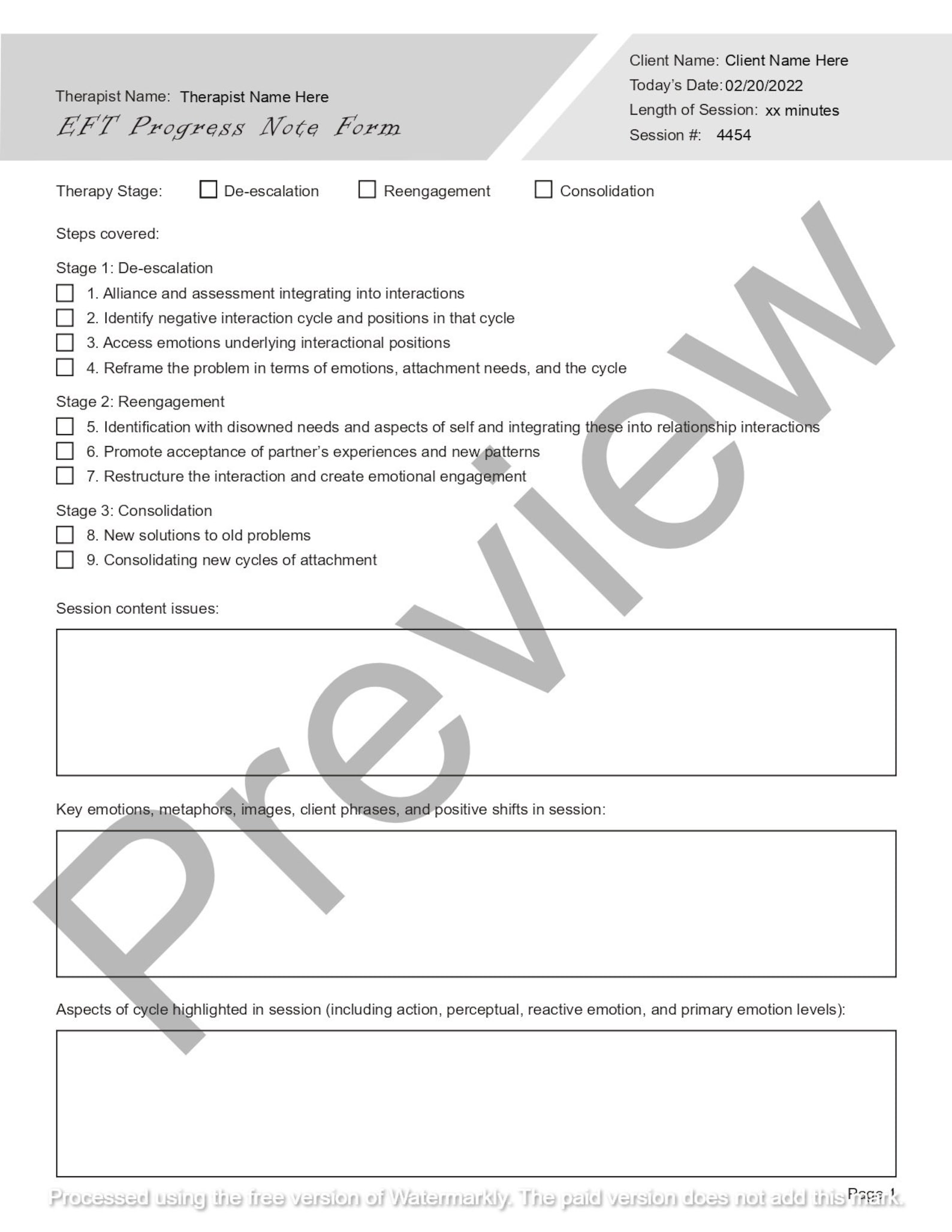 EFT Progress Note Form | Editable / Fillable PDF Template | for ...