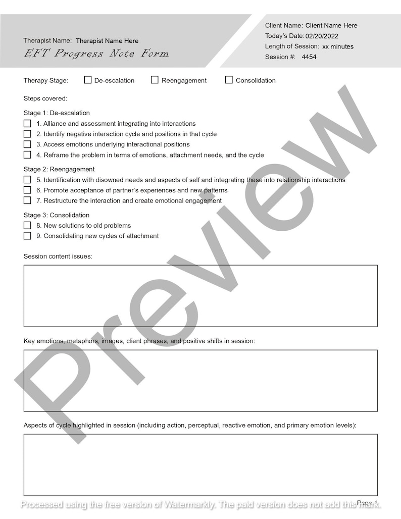 EFT Progress Note Form | Editable / Fillable PDF Template | for ...