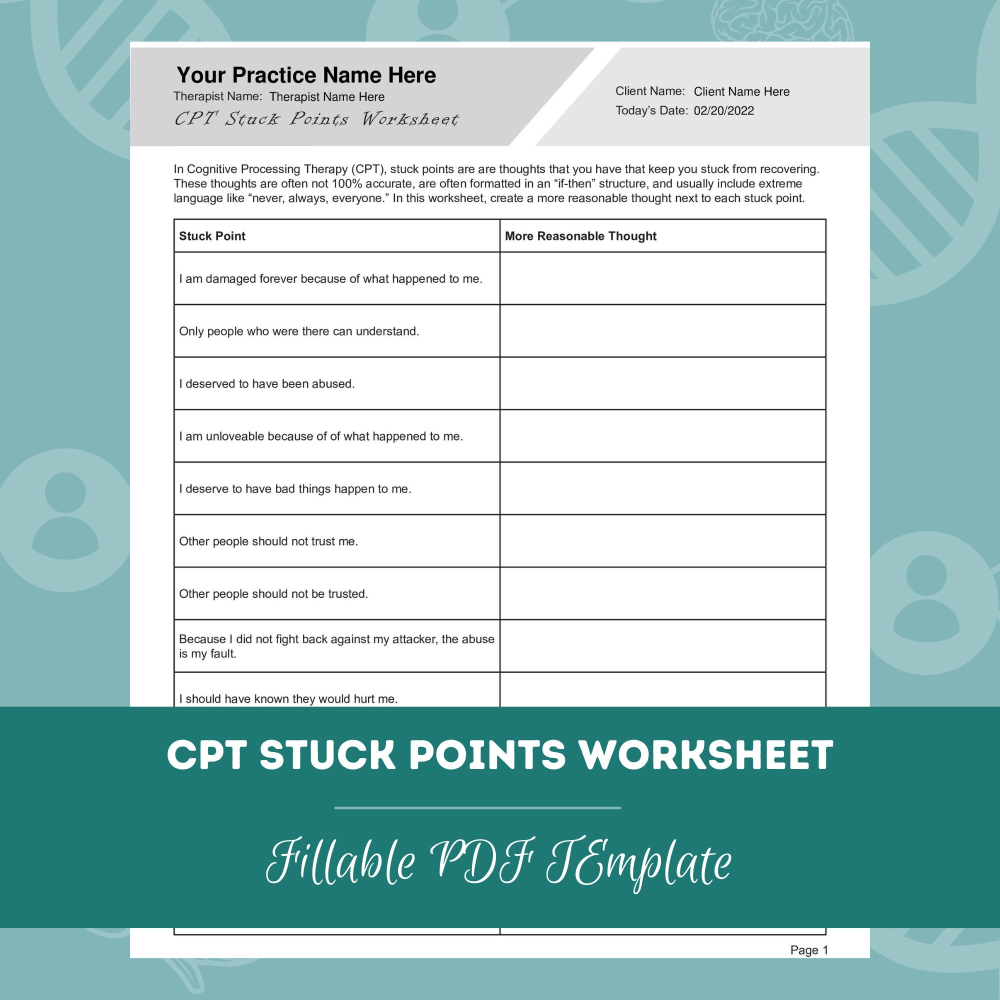 Cognitive Processing Therapy CPT Worksheets Bundle 17 Fillable ...