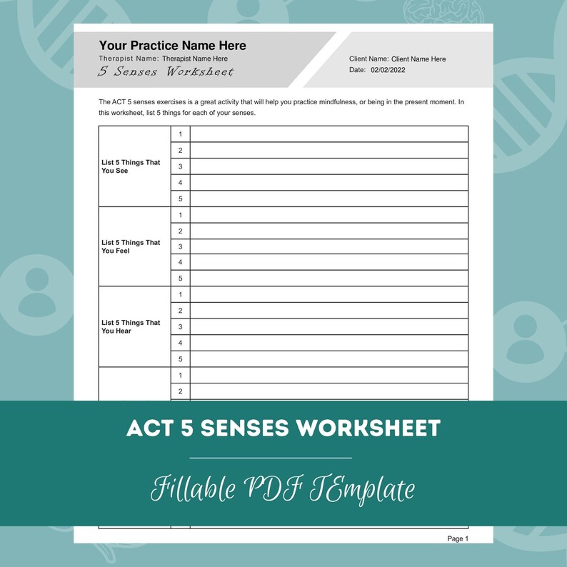 ACT 5 Senses Worksheet | Editable / Fillable PDF | for Counselors ...