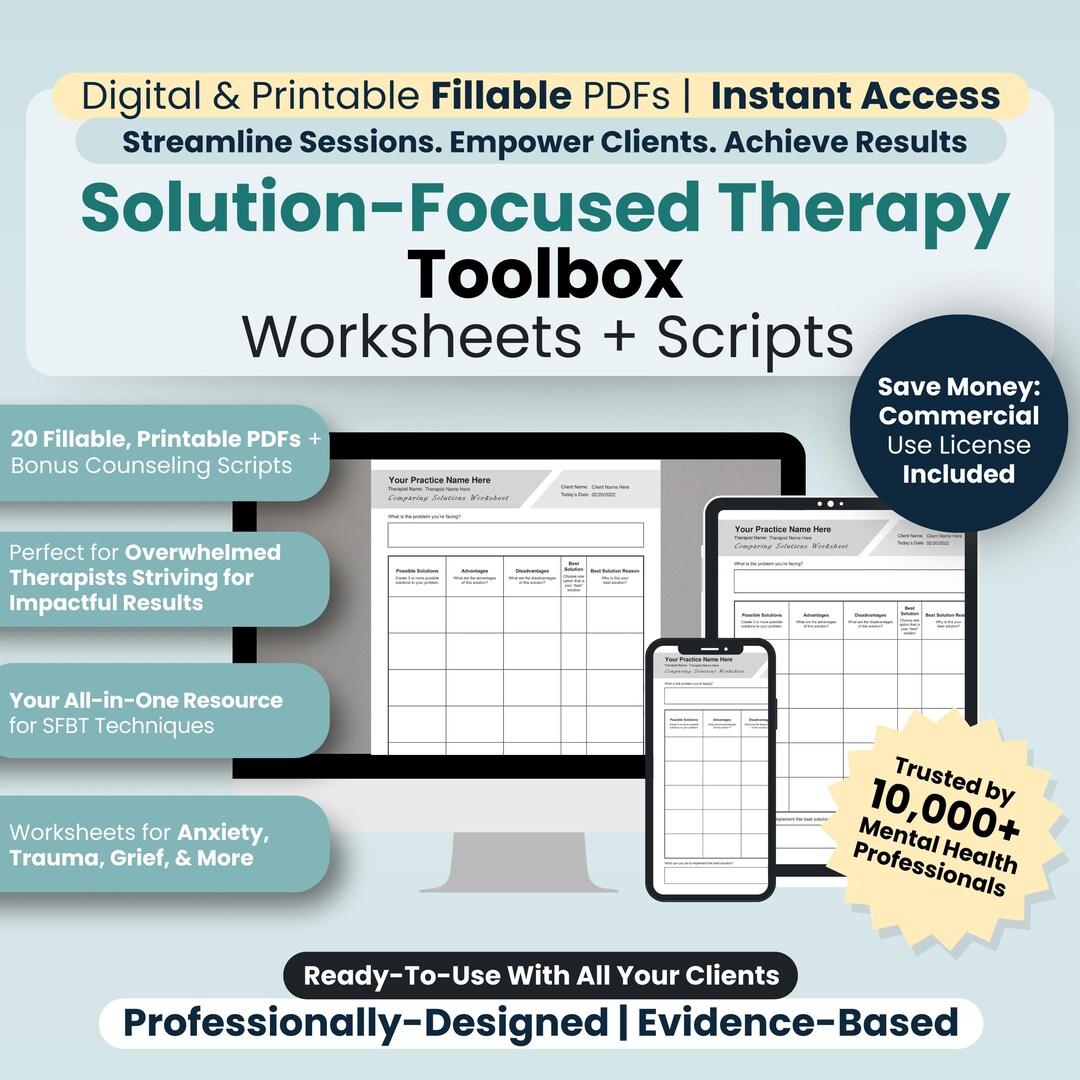 Solution Focused Therapy Worksheets Bundle, 20 Fillable/printable PDF ...
