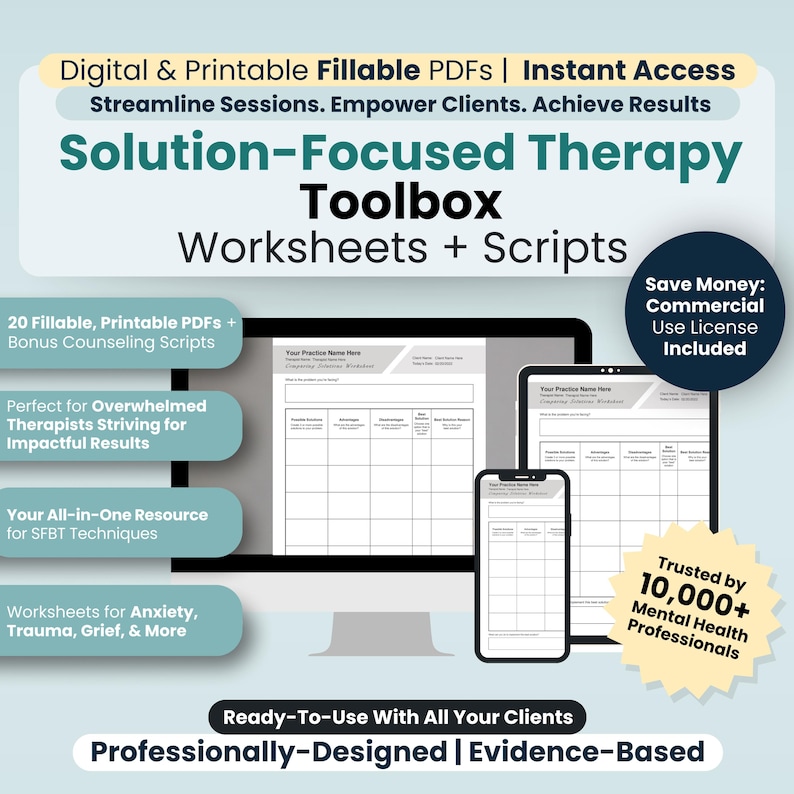 Solution Focused Therapy Worksheets Bundle, 20 Fillable/printable PDF ...