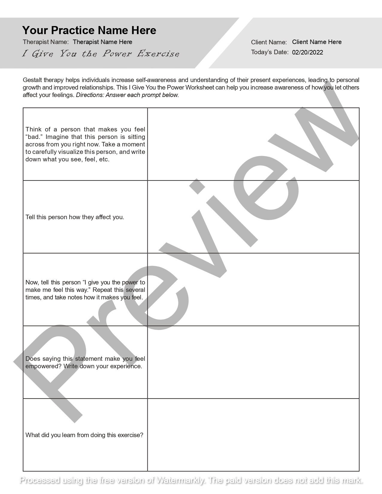 Gestalt Therapy I Give You the Power Worksheet | Editable / Fillable ...