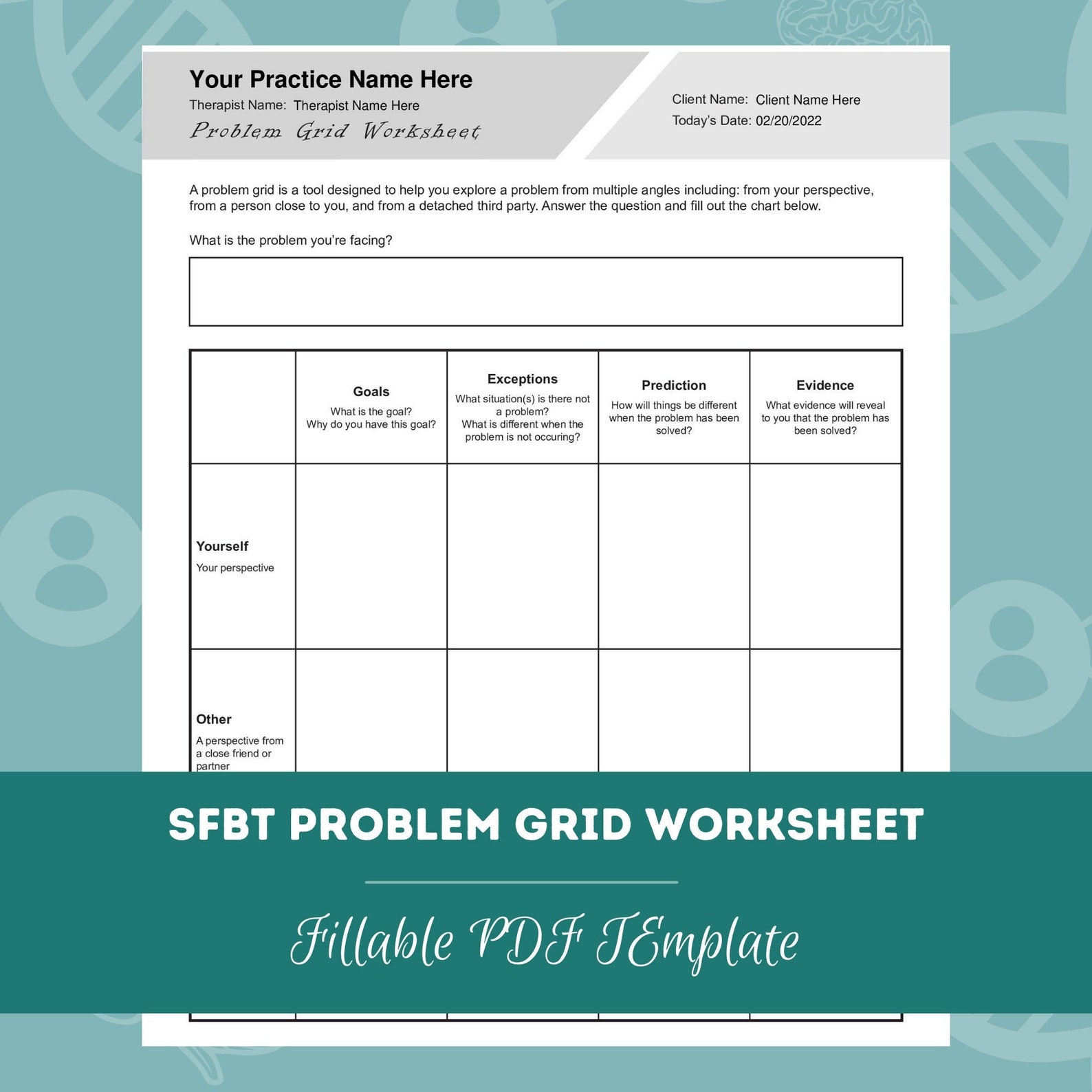 SFBT Problem Grid Worksheet | Editable / Fillable PDF Template | for ...