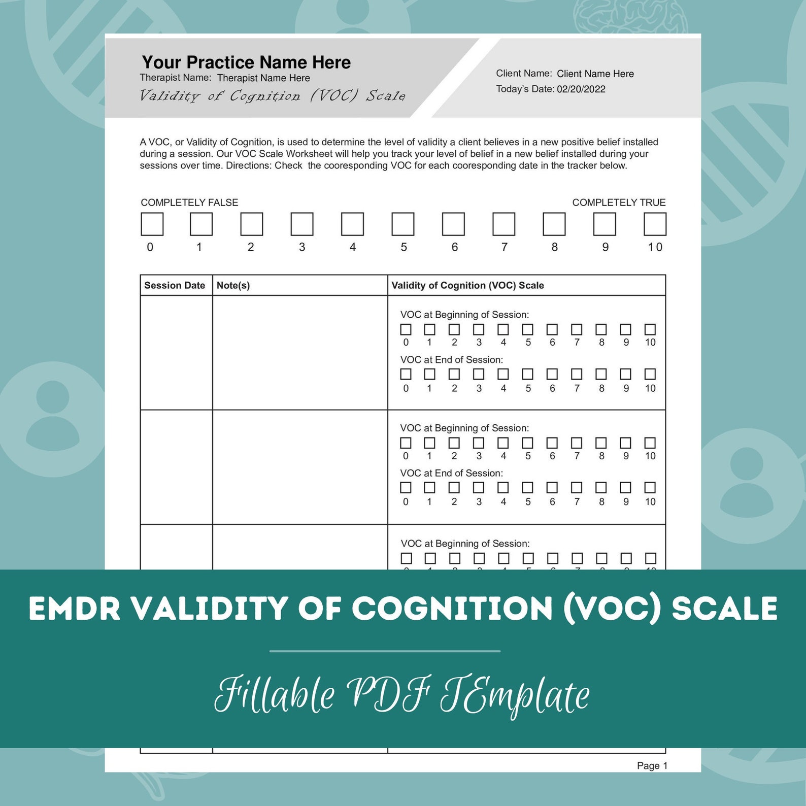 EMDR Validity of Cognition (VOC) Scale | Editable / Fillable PDF ...