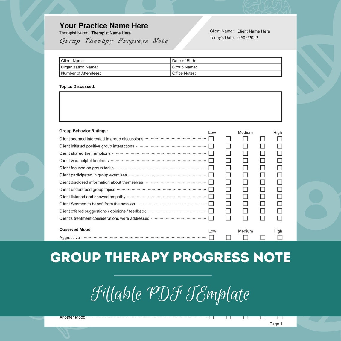 Group Therapy Progress Note | Editable / Fillable PDF Template | for ...
