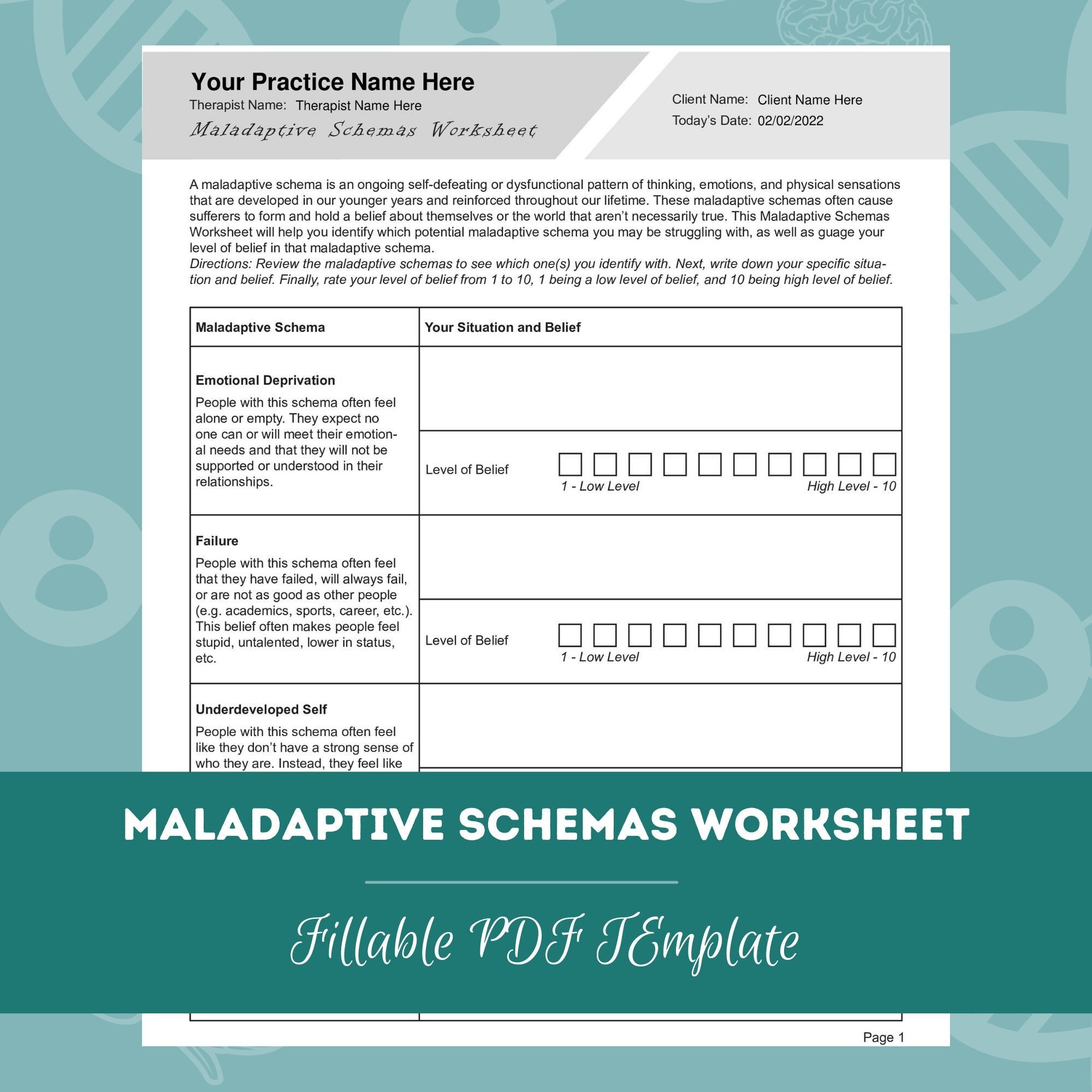 Maladaptive Schemas Worksheet | Editable / Fillable PDF Template | for ...