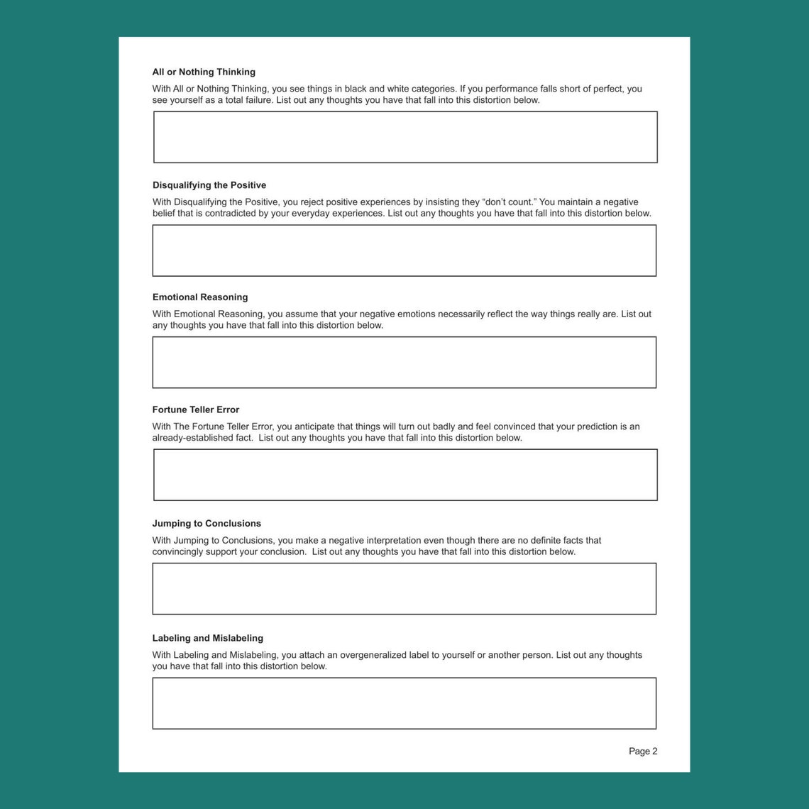 CBT: Cognitive Distortions Worksheet | Editable / Fillable PDF | for ...