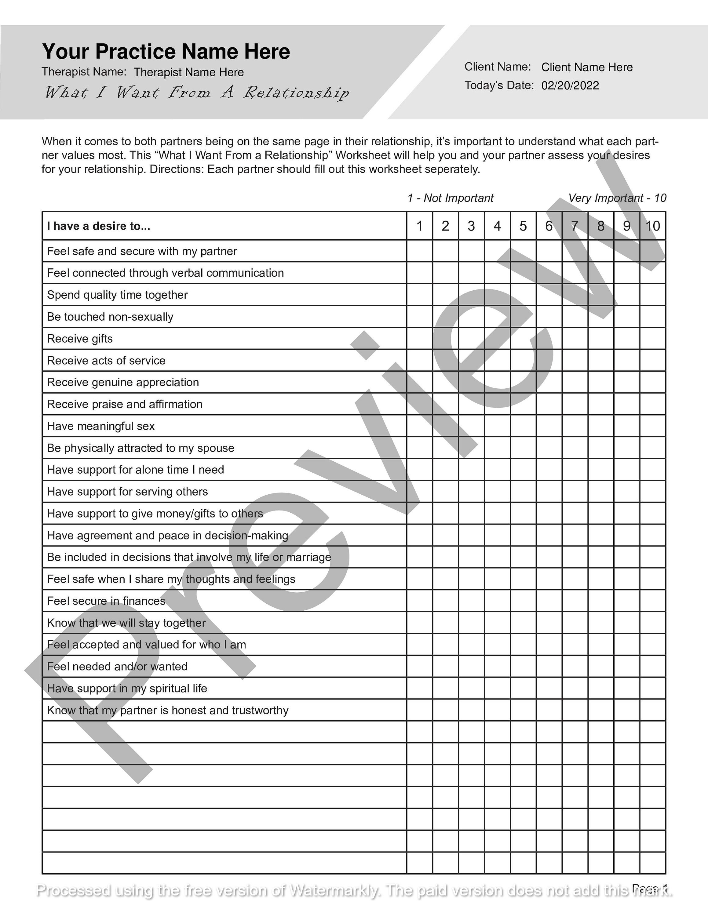 Relationship Needs and Wants Worksheet | Editable / Fillable PDF ...