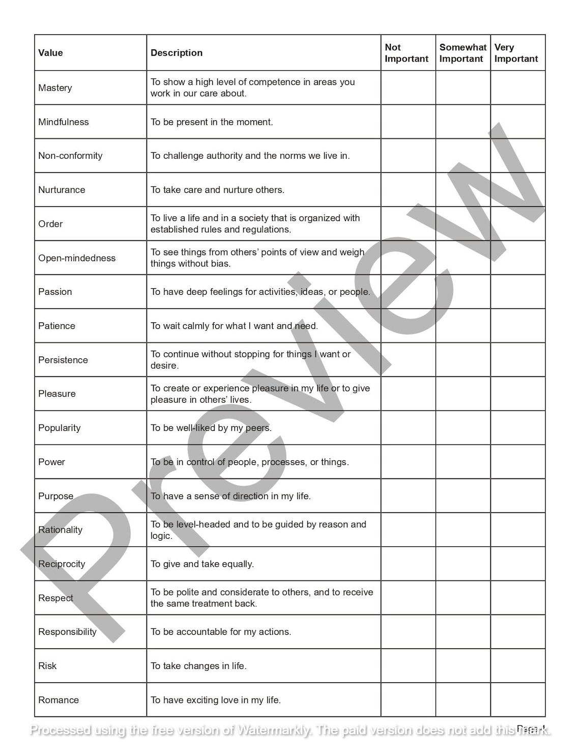 ACT Values Worksheet | Editable / Fillable PDF | for Counselors ...
