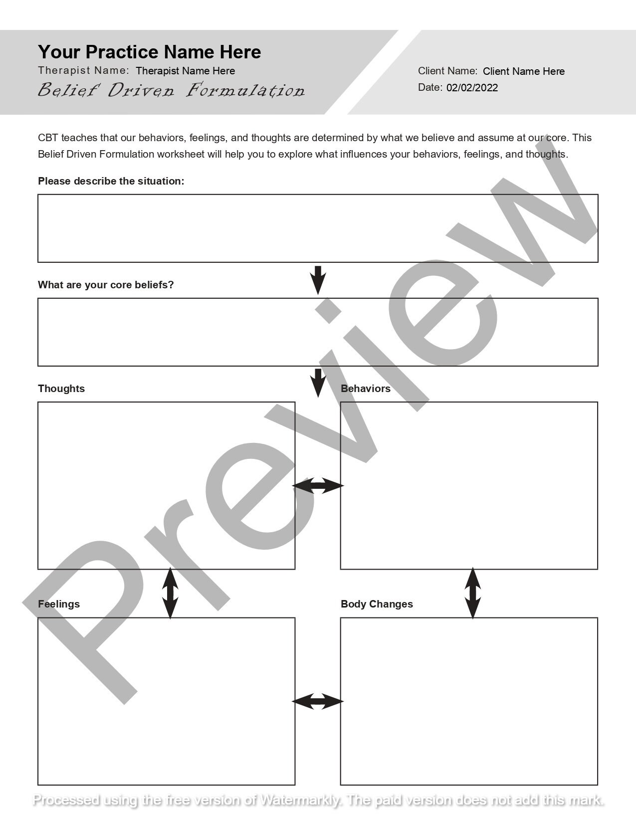 CBT: Belief Driven Formulation Worksheet | Editable / Fillable PDF ...