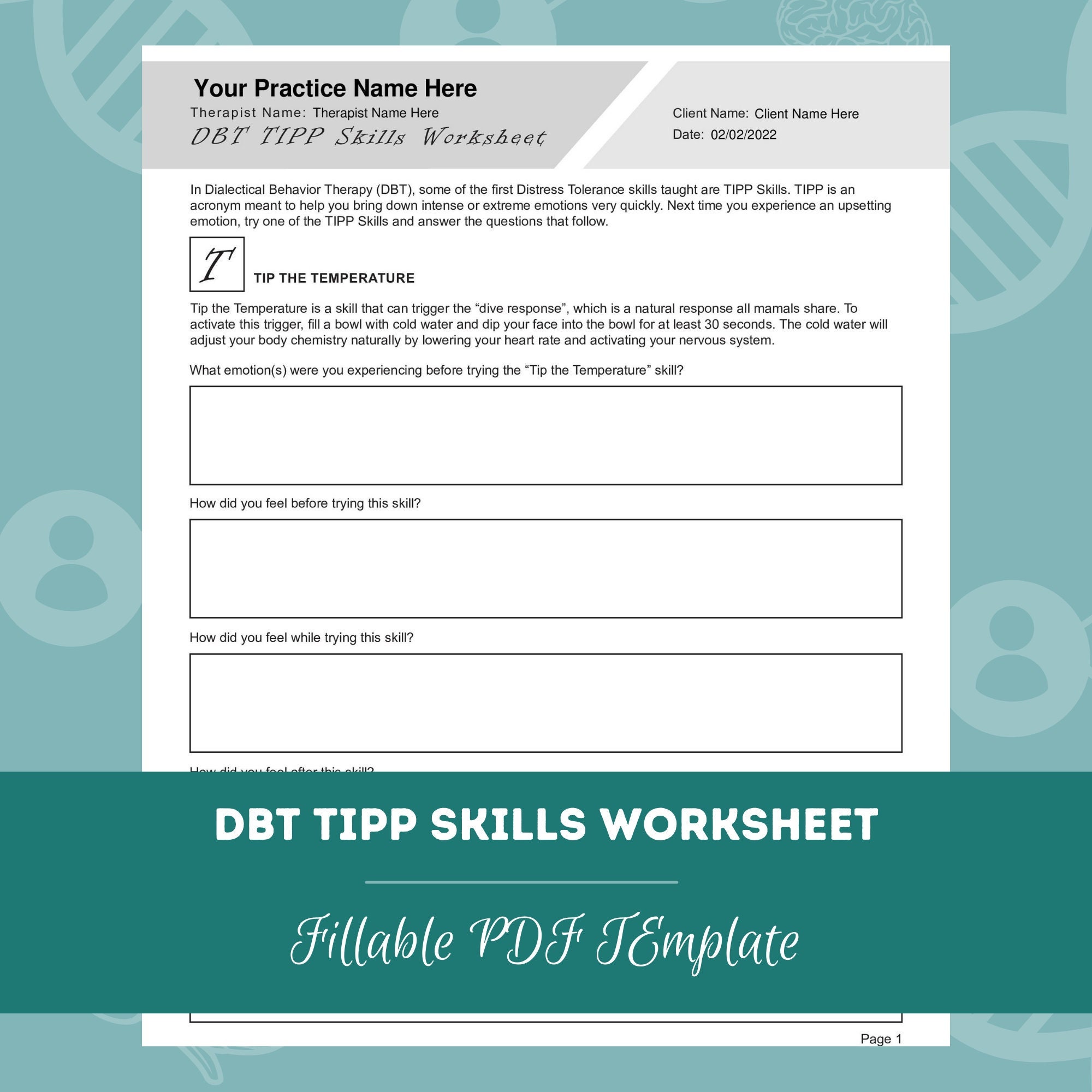 DBT TIPP Skills Worksheet | Editable / Fillable PDF Template | for Counselors, Psychologists ...