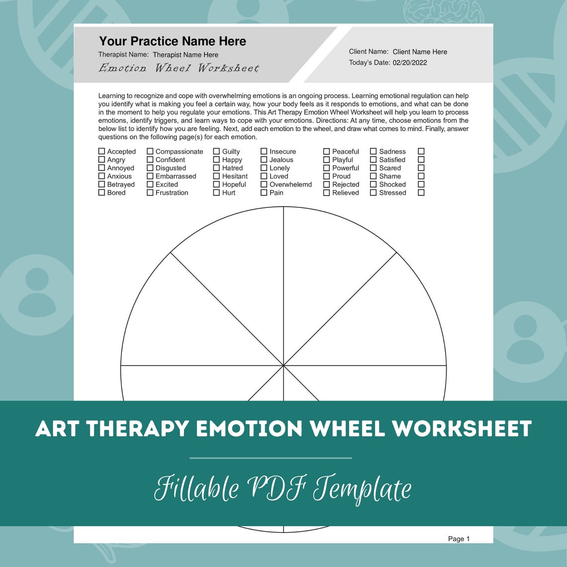 Art Therapy Emotion Wheel Worksheet | Editable / Fillable PDF Template ...