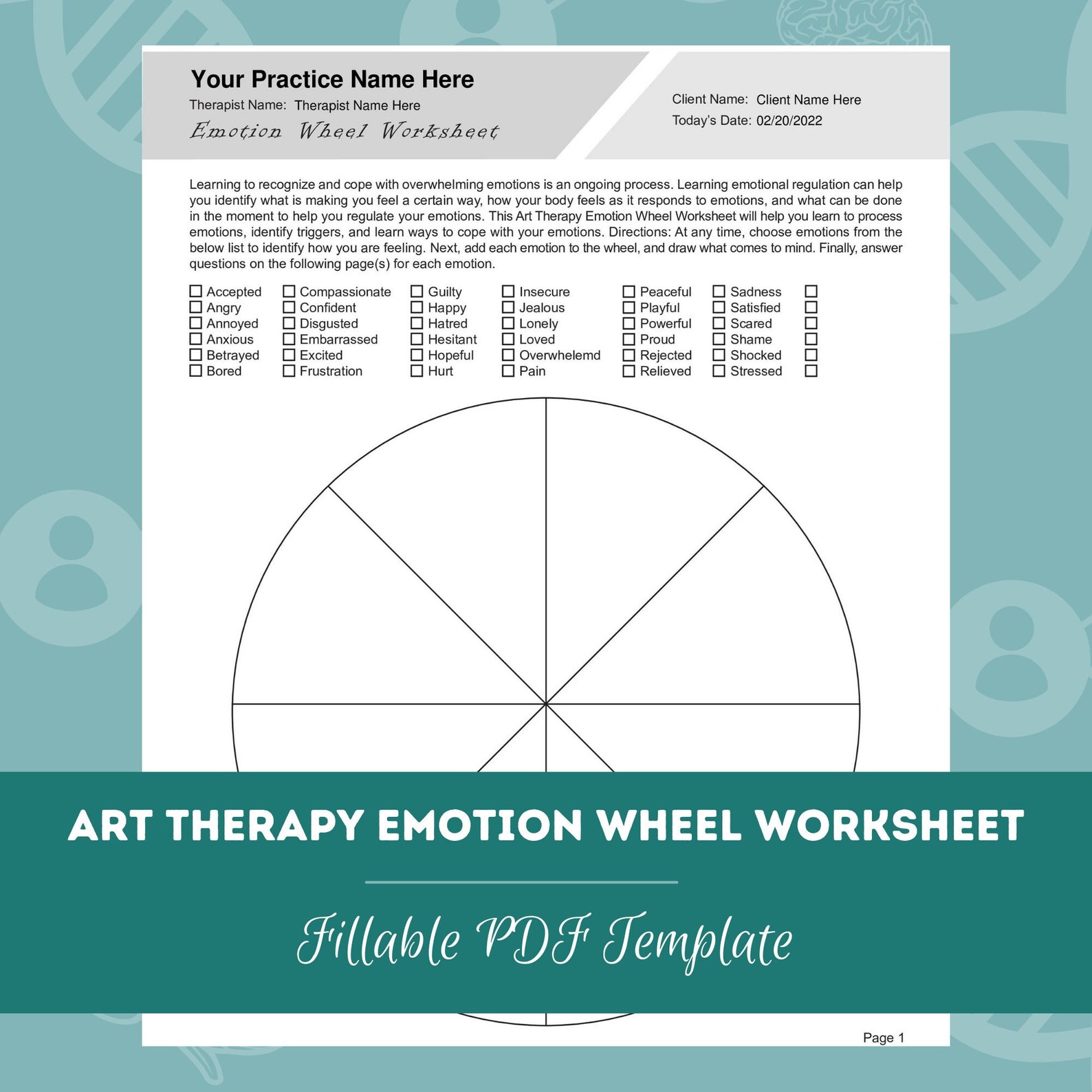 Art Therapy Emotion Wheel Worksheet | Editable / Fillable PDF Template ...