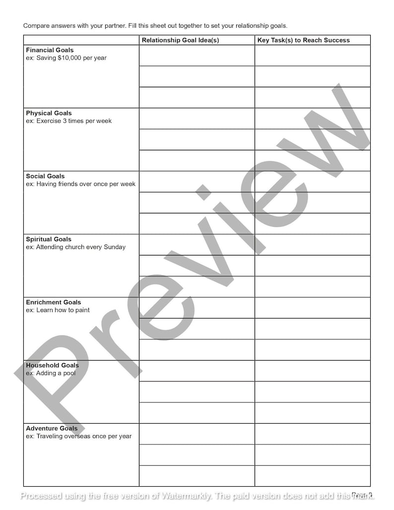Goal Setting for Couples Worksheet | Editable / Fillable PDF Template ...