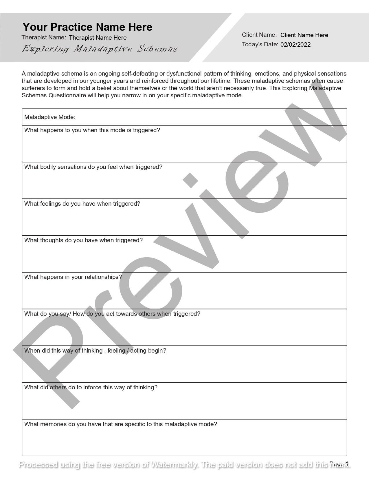 Exploring Maladaptive Schemas Questionnaire | Editable / Fillable PDF ...