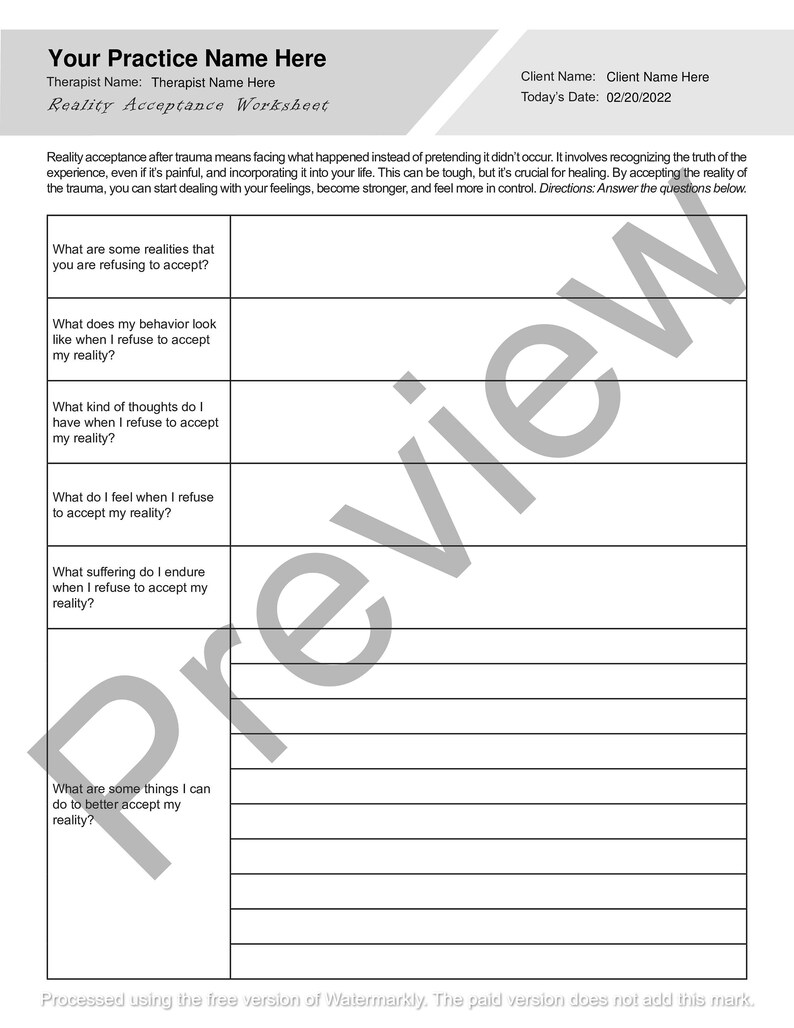 Reality Acceptance Worksheet | Editable / Fillable PDF Template | for ...