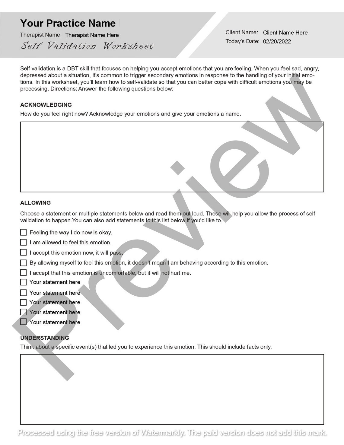 DBT Self Validation Worksheet | Editable / Fillable PDF Template | for ... DBT Self Validation Worksheet | Editable / Fillable PDF Template | for ...