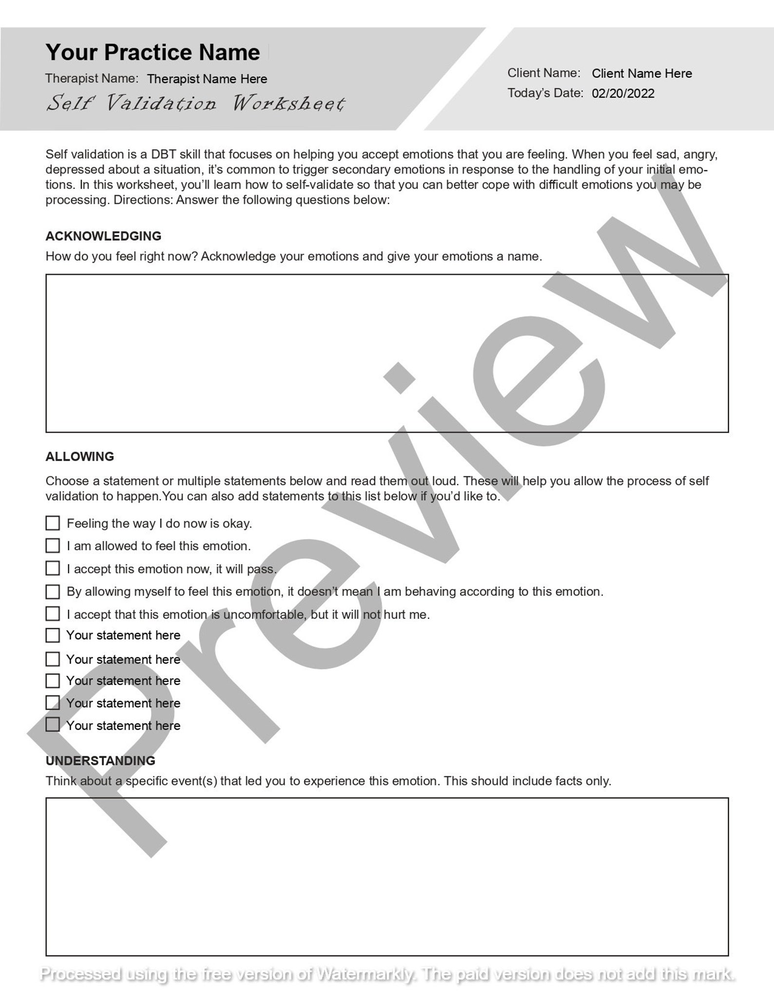 DBT Self Validation Worksheet | Editable / Fillable PDF Template | for ...