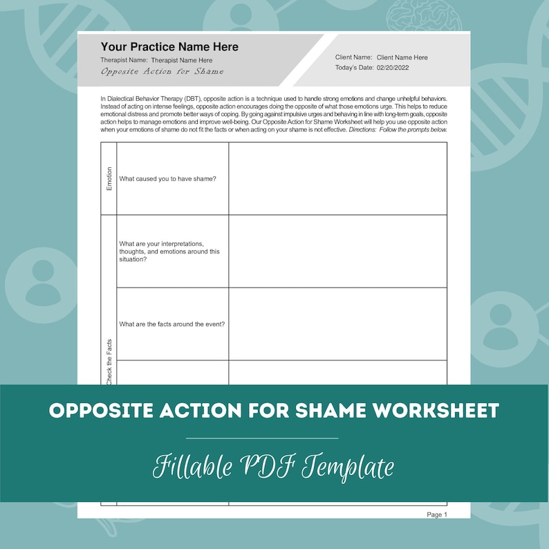 Opposite Action for Shame Worksheet | Editable / Fillable / Printable ...