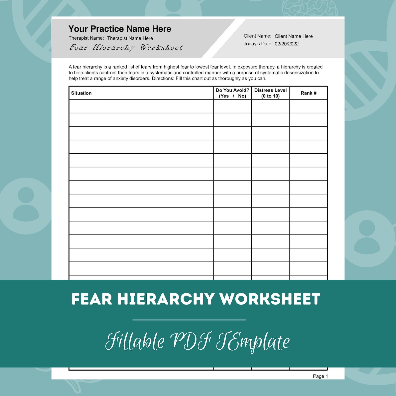 Fear Hierarchy Worksheet | Editable / Fillable PDF Template | for ...