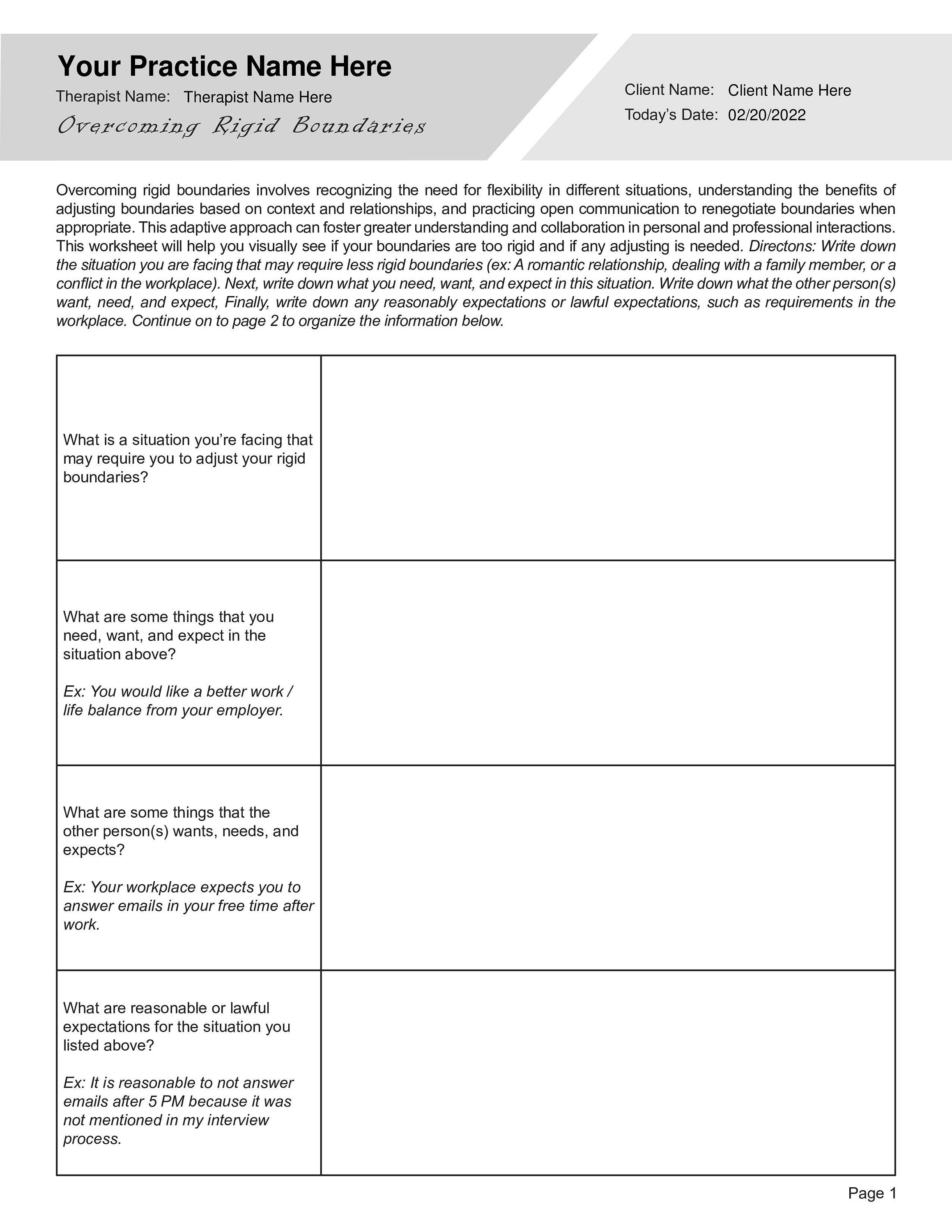 Overcoming Rigid Boundaries Worksheet | Editable / Fillable / Printable PDF | Counselors ...