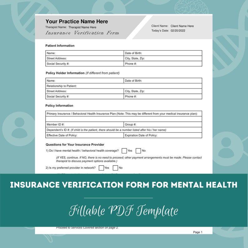 Insurance Verification Form for Mental Health | Editable / Fillable ...