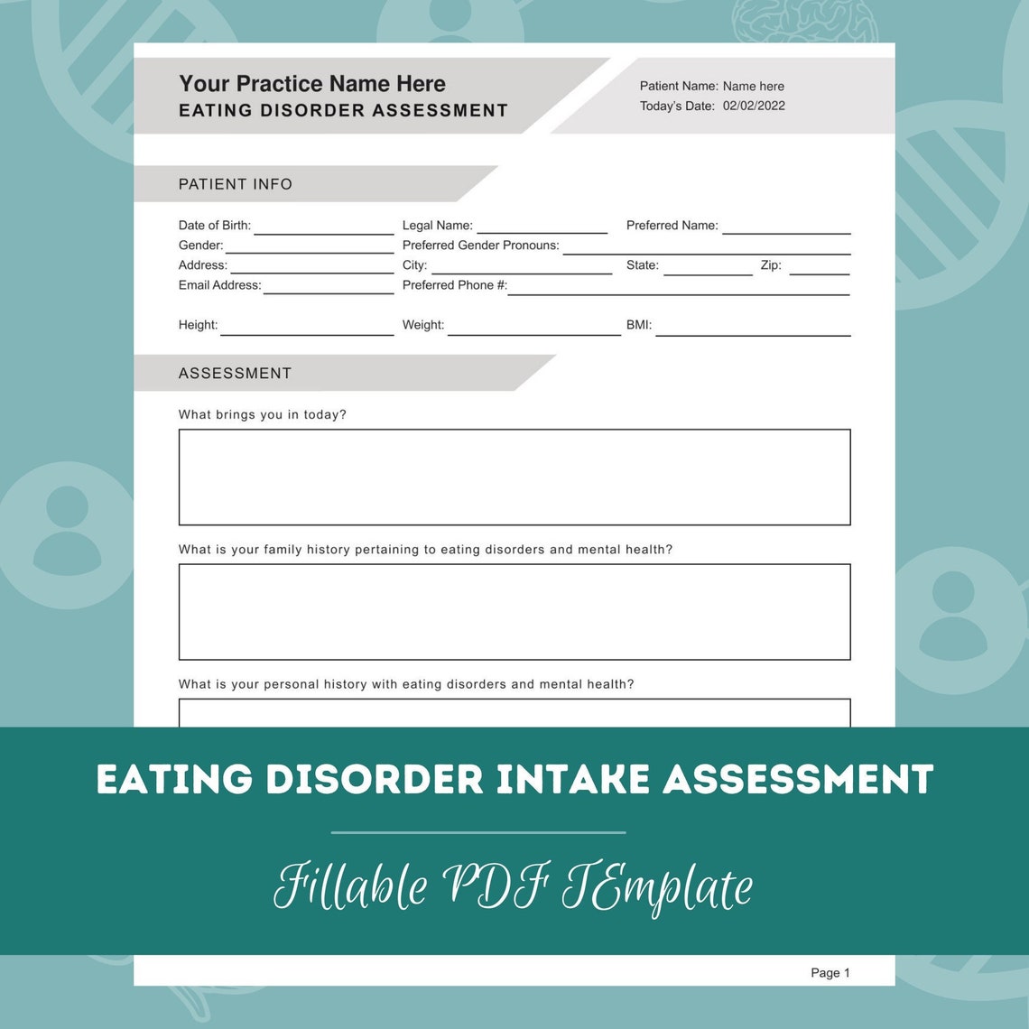 Eating Disorder Assessment Template Editable / Fillable PDF for ...