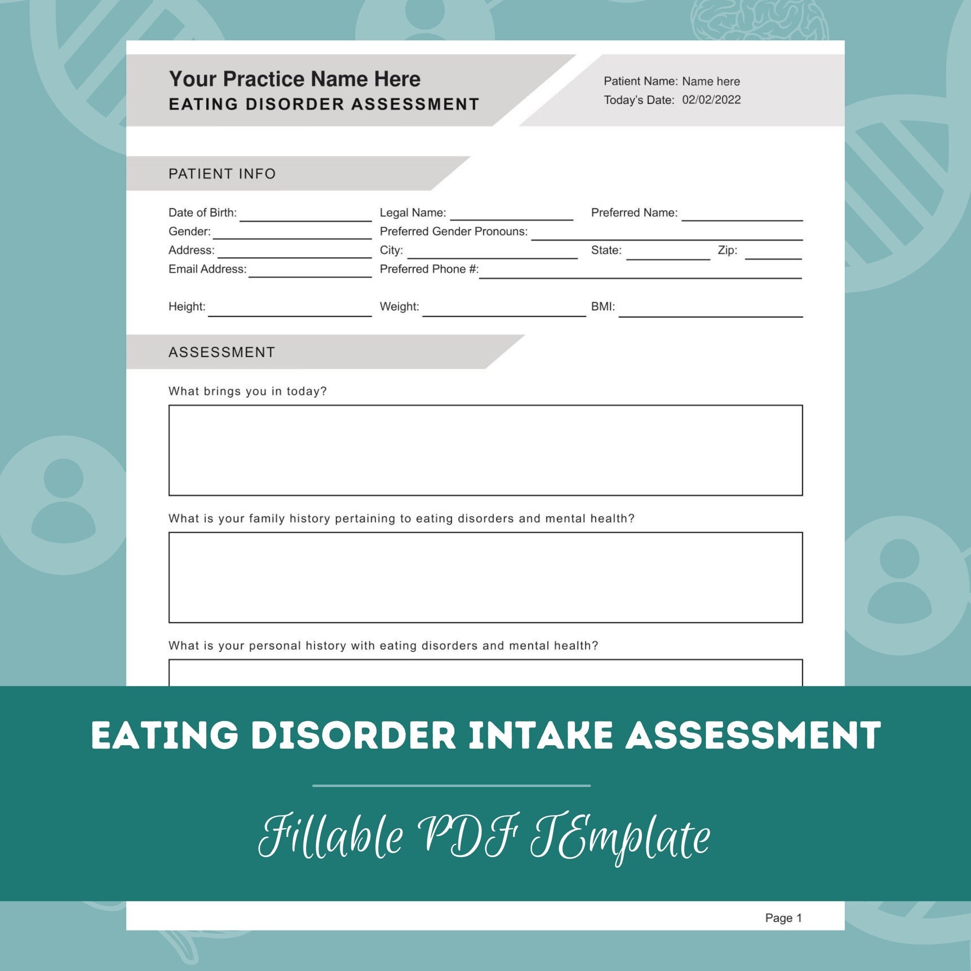 Eating Disorder Assessment Template | Editable / Fillable PDF | for ...