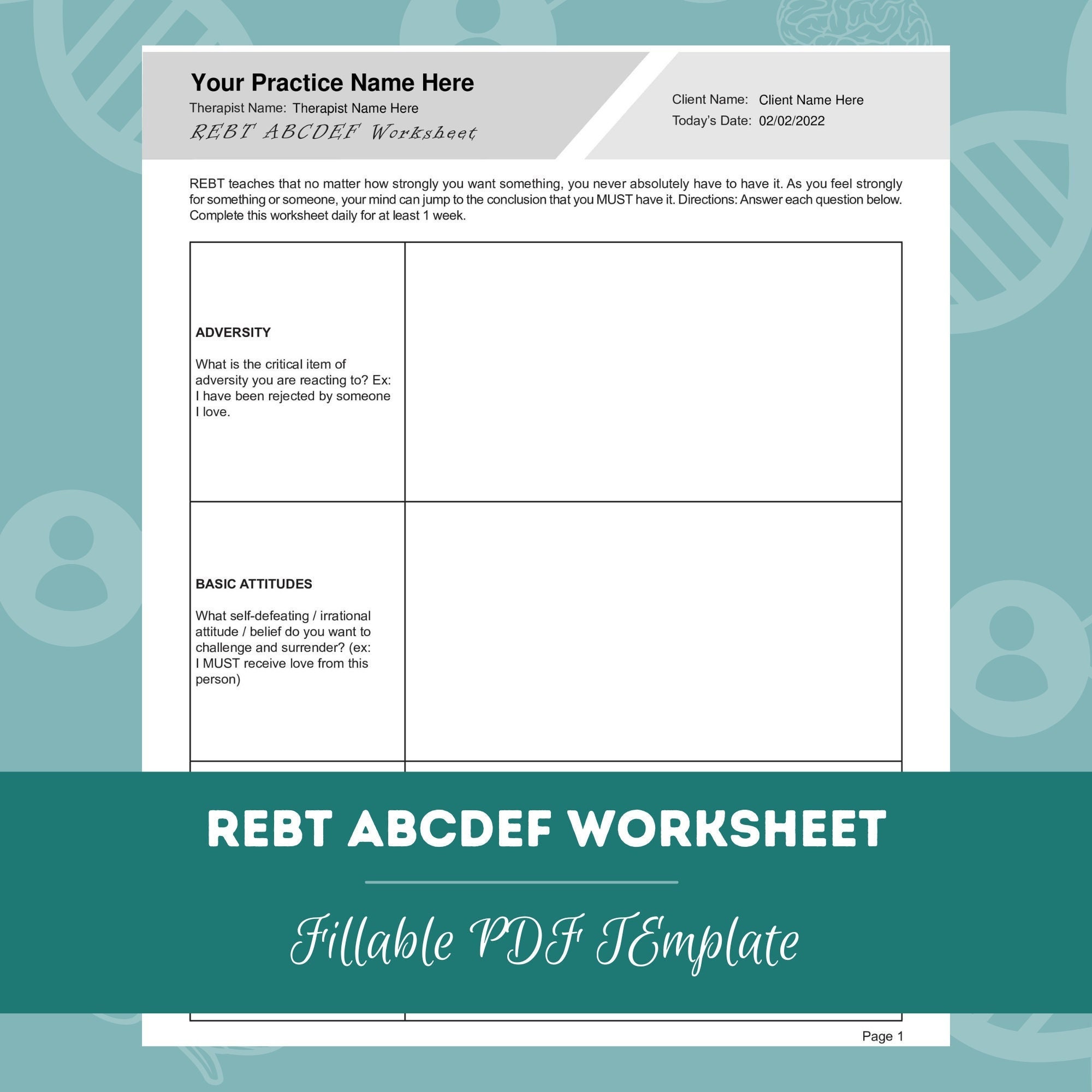 REBT ABCDEF Worksheet Pdf | Editable / Fillable PDF Template | for ...