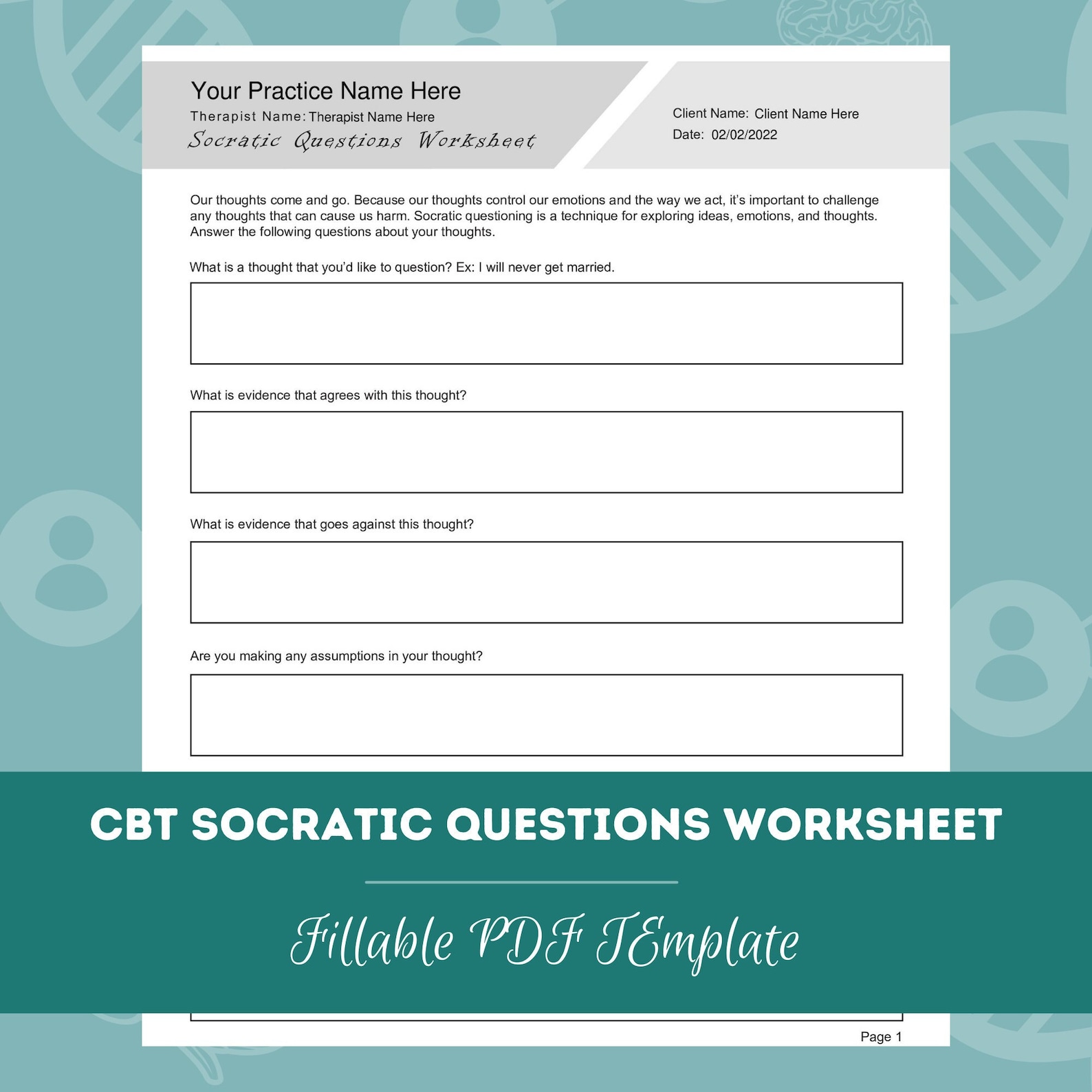 CBT Socratic Questions Worksheet Editable / Fillable PDF - Etsy