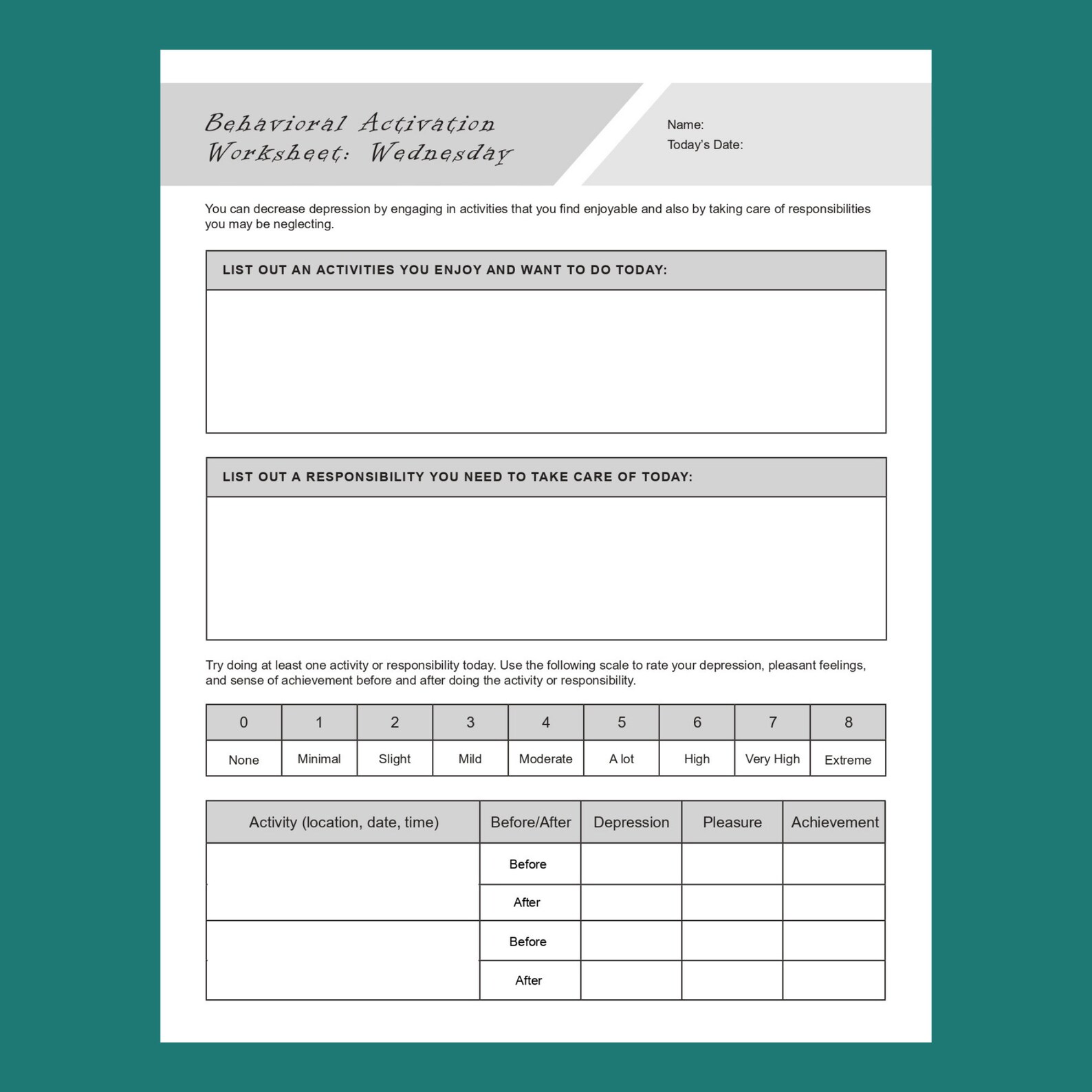 CBT: Behavioral Activation Worksheet | Editable / Fillable PDF | for ...