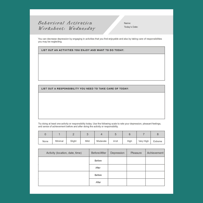 CBT: Behavioral Activation Worksheet | Editable / Fillable PDF | for ...