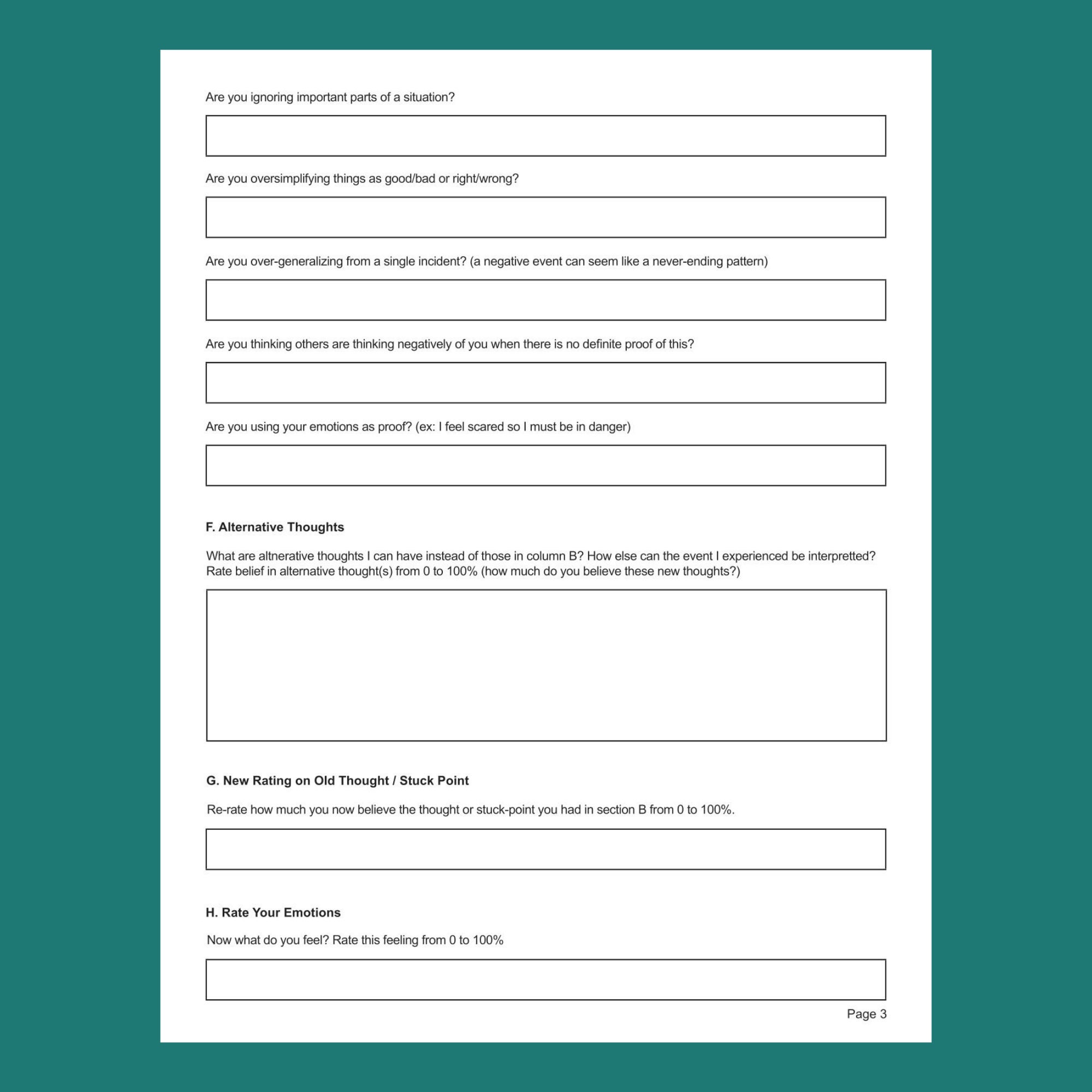 CBT: Challenging Beliefs Worksheet Editable / Fillable PDF for ...
