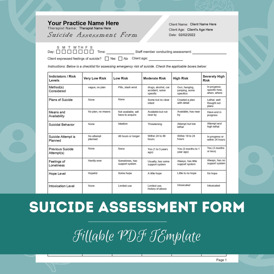 Suicide Assessment Form Template | Editable / Fillable / Printable PDF ...