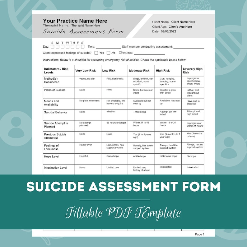 Suicide Assessment Form Template | Editable / Fillable / Printable PDF ...