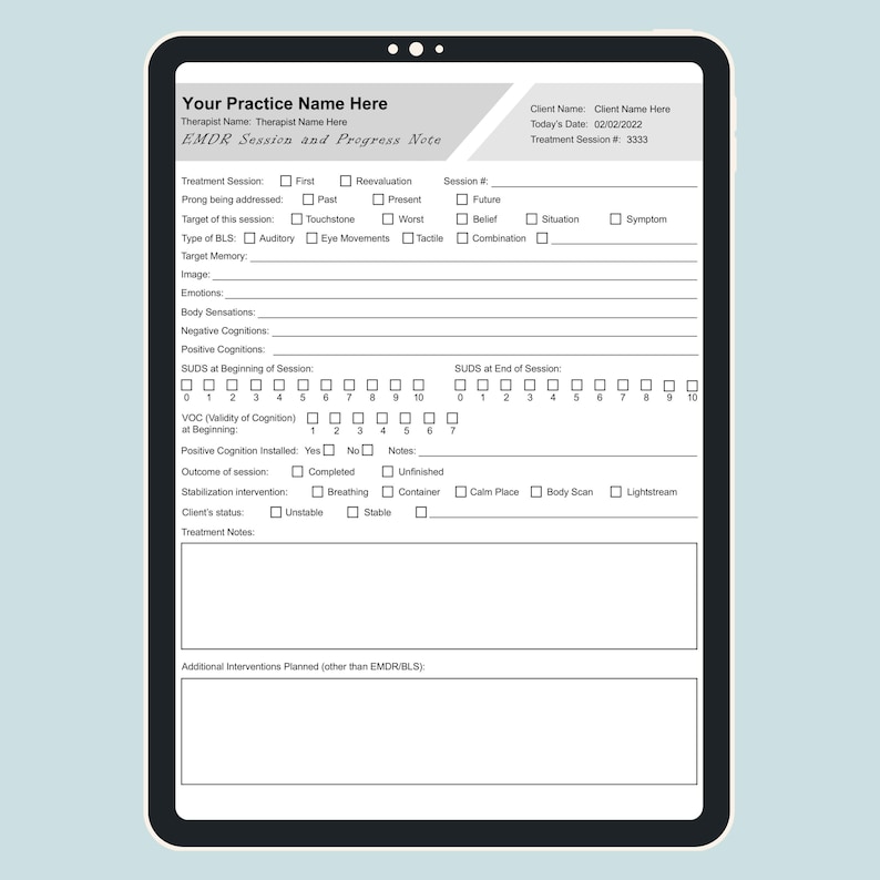 EMDR Session Note Worksheet | Editable / Fillable PDF Template | for ...