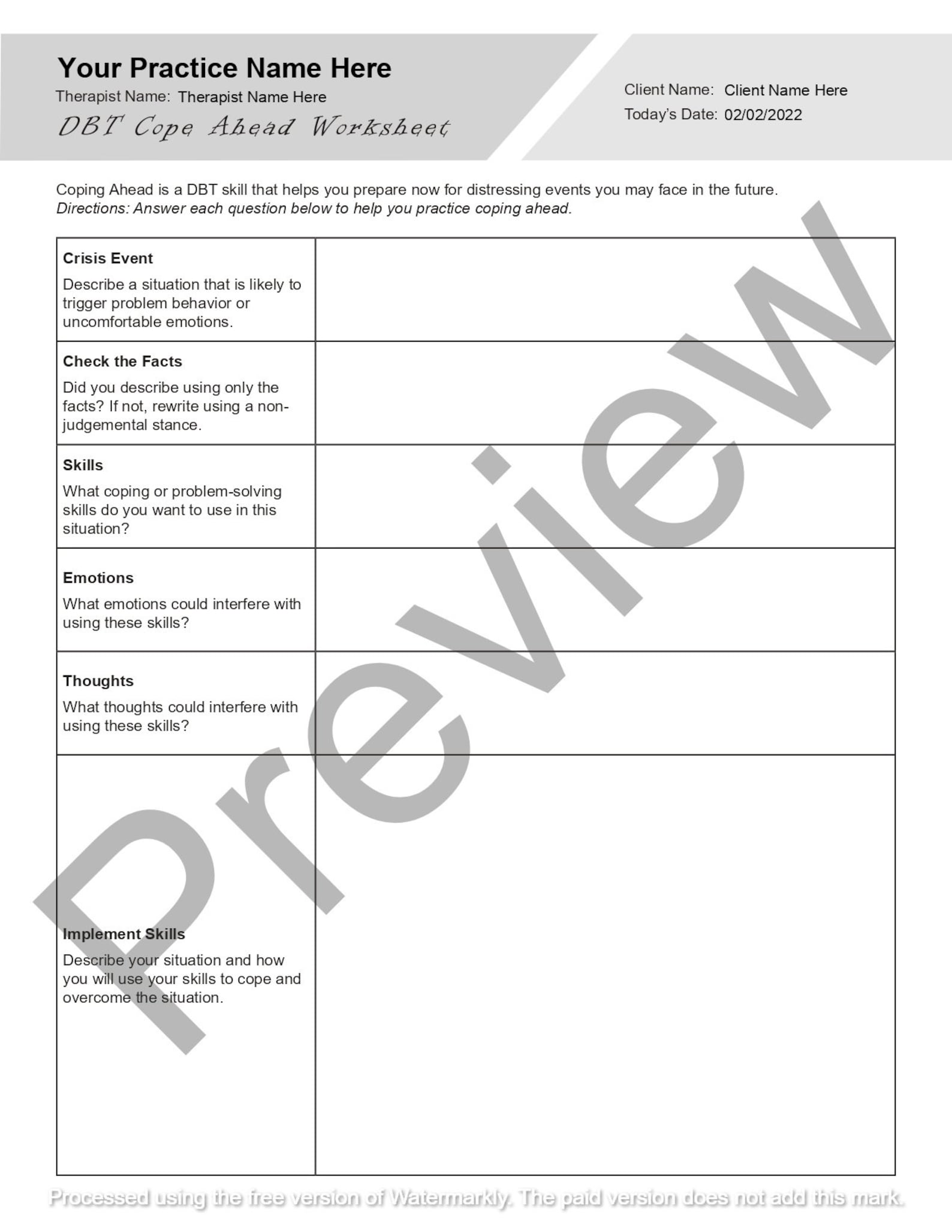 DBT Cope Ahead Worksheet | Editable / Fillable PDF Template | for Counselors, Psychologists ...