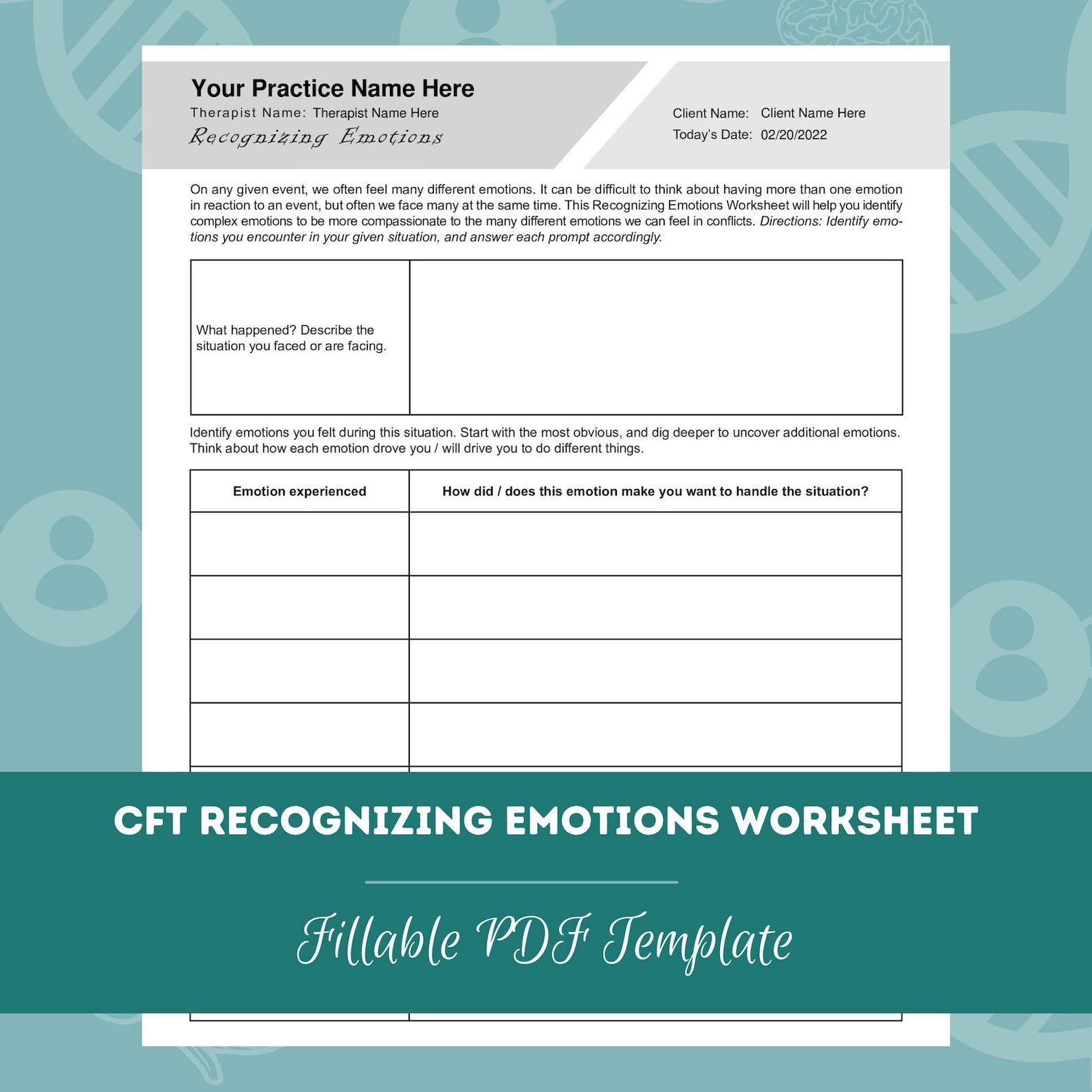 CFT Recognizing Emotions Worksheet | Editable / Fillable PDF Template ...