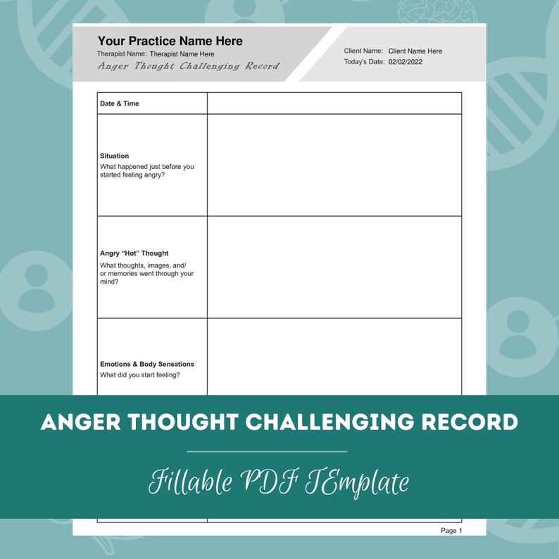 Anger Thought Challenging Record Worksheet | Editable / Fillable PDF ...