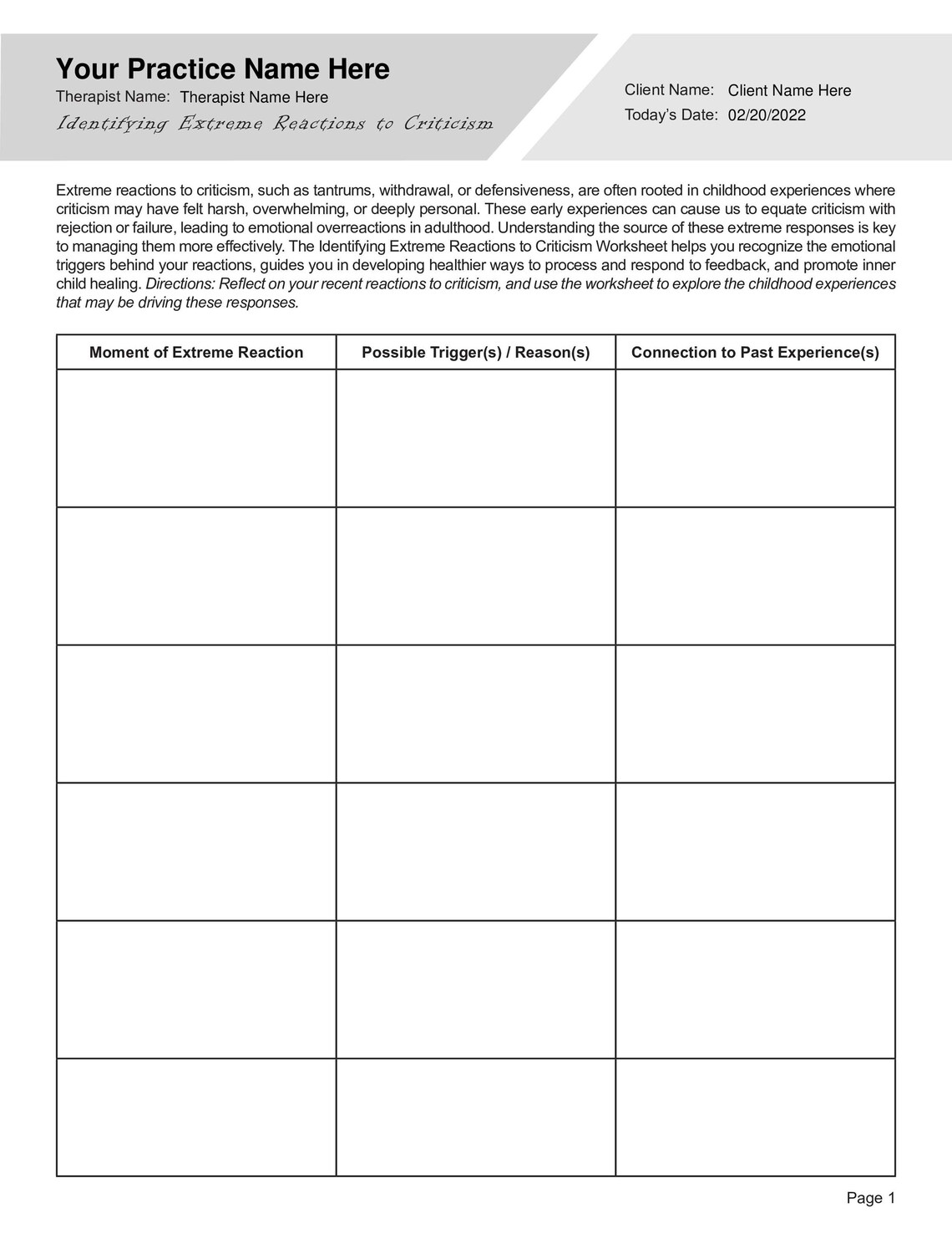 Identifying Extreme Reactions to Criticism Inner Child Worksheet ...