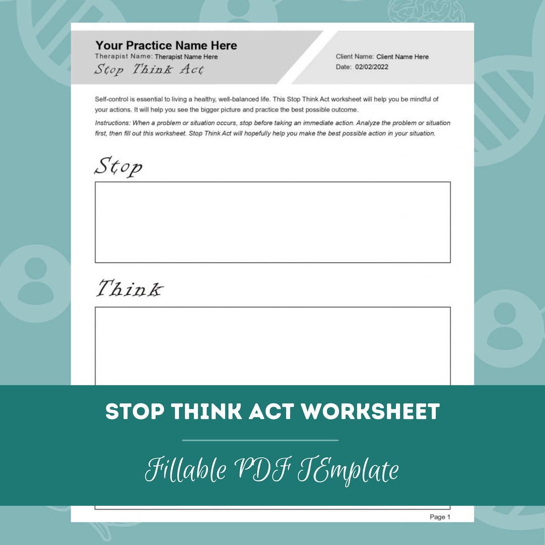 Stop Think Act Worksheet | Editable / Fillable PDF Template | for ...