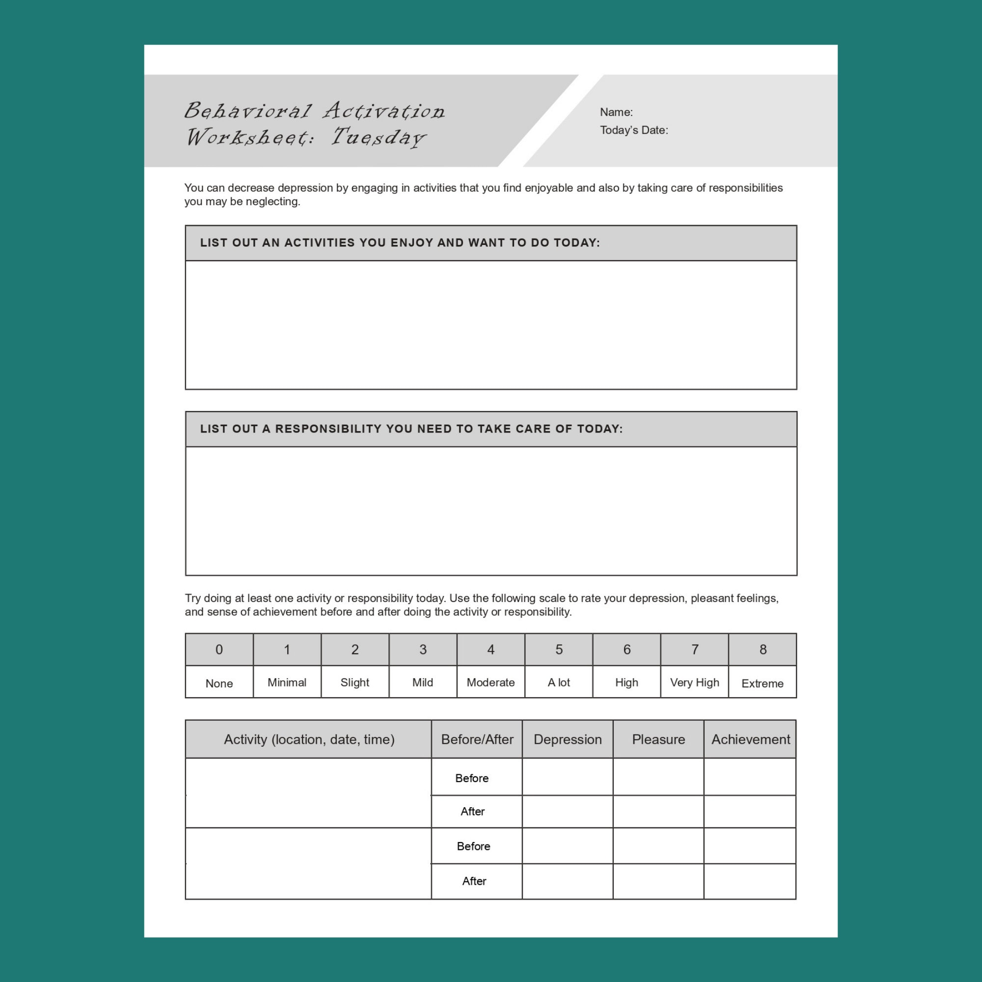 CBT: Behavioral Activation Worksheet | Editable / Fillable PDF | for ...